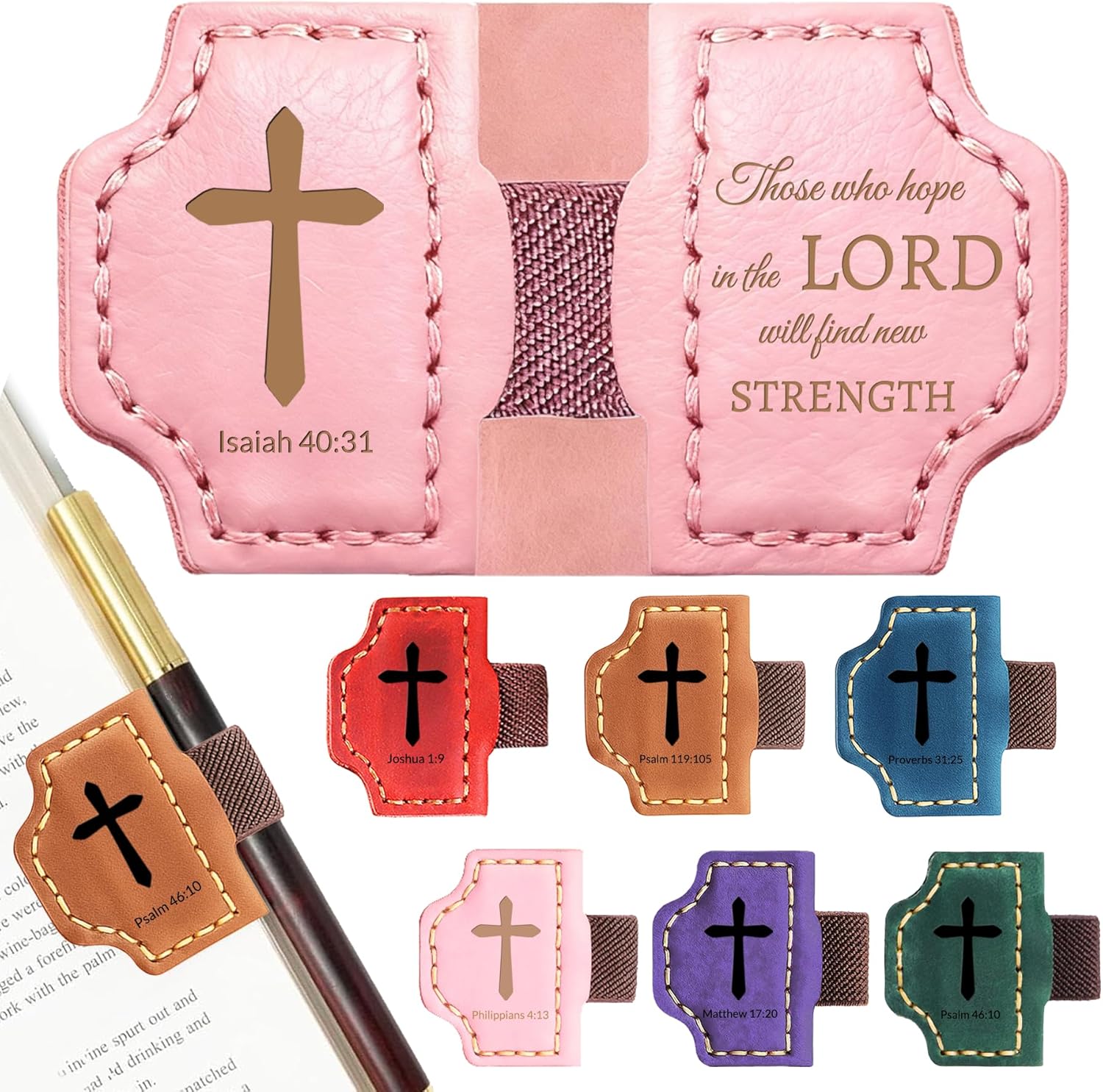Amazon.com : Bygone Mark Personalized Leather Bookmark with Pen Holder - Magnetic Bible Verse ...