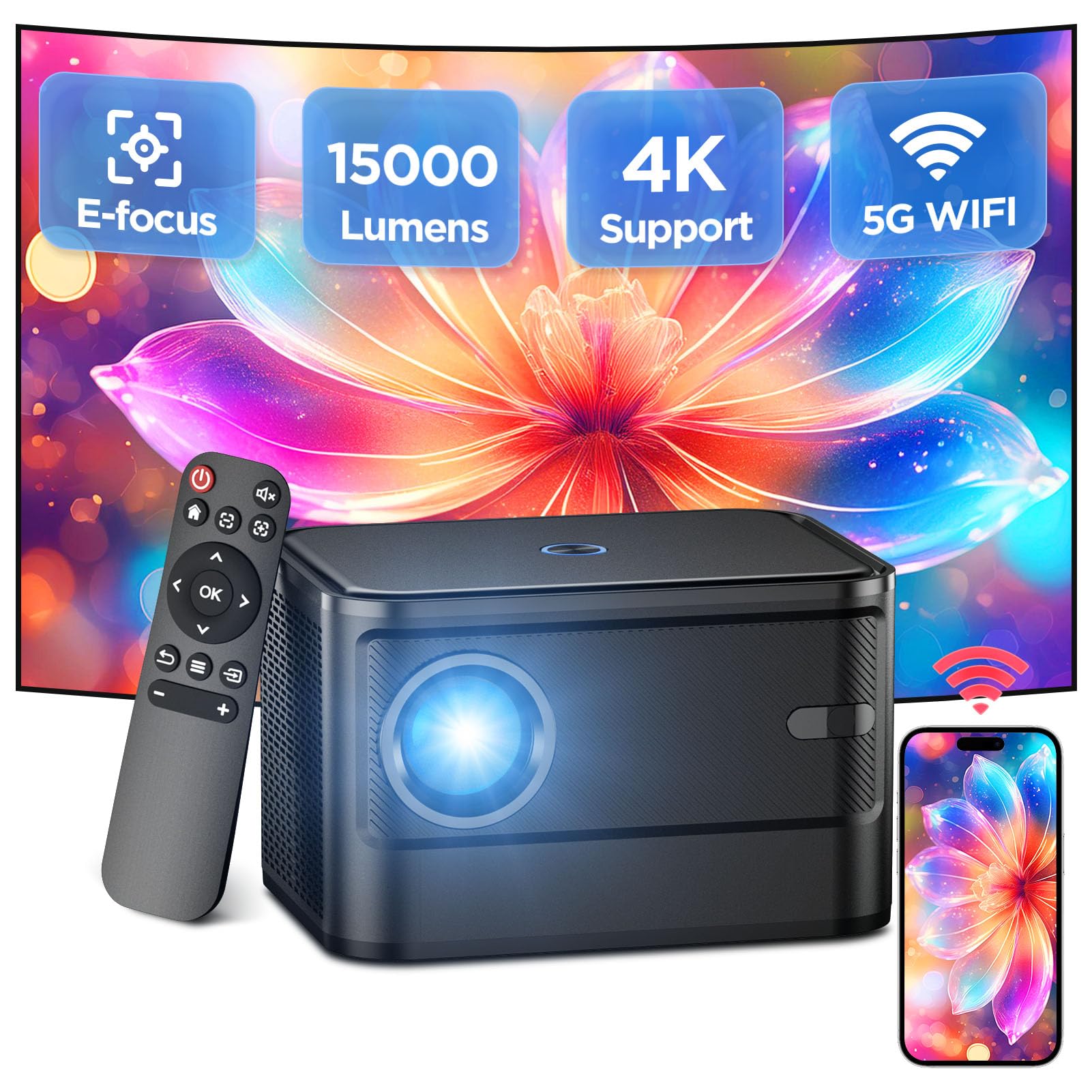 【Electric Focus】 Projector 4K with WiFi & Bluetooth, Mini Projector ...