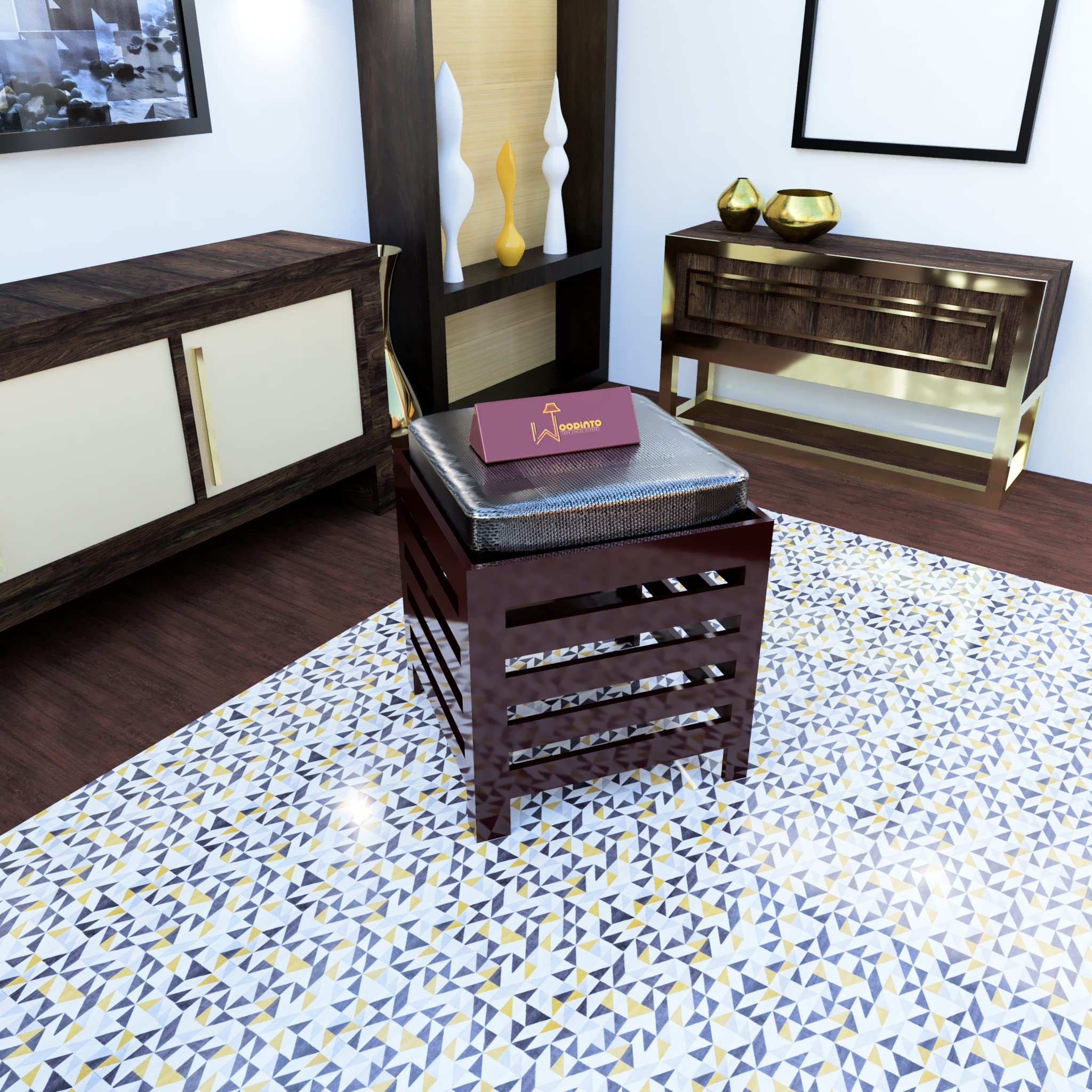 WooDinto Wooden 12 inch Cushion Stool for Living Room | Side Stool ...