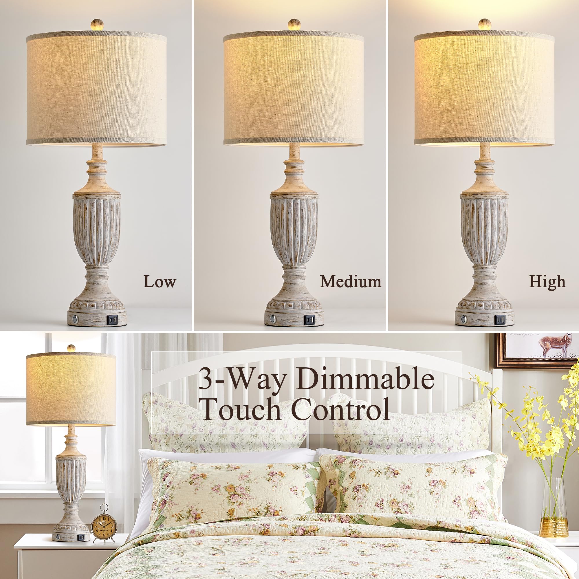 Farmhouse Table Lamp for Living Room Set of 2, 28" Rustic Touch Control ...