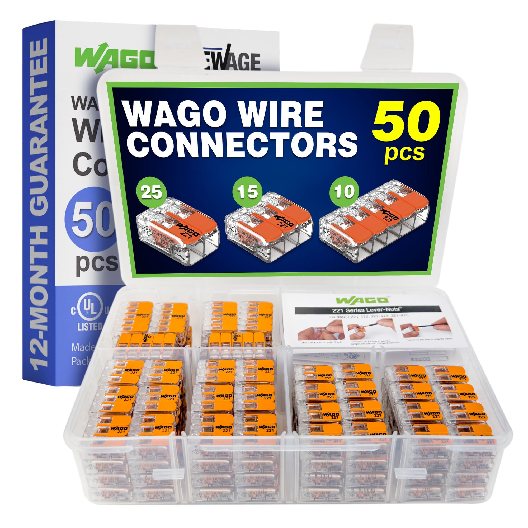 WAGO 221 Series Compact Splicing Wire Connector Assortment Pack 50pc ...