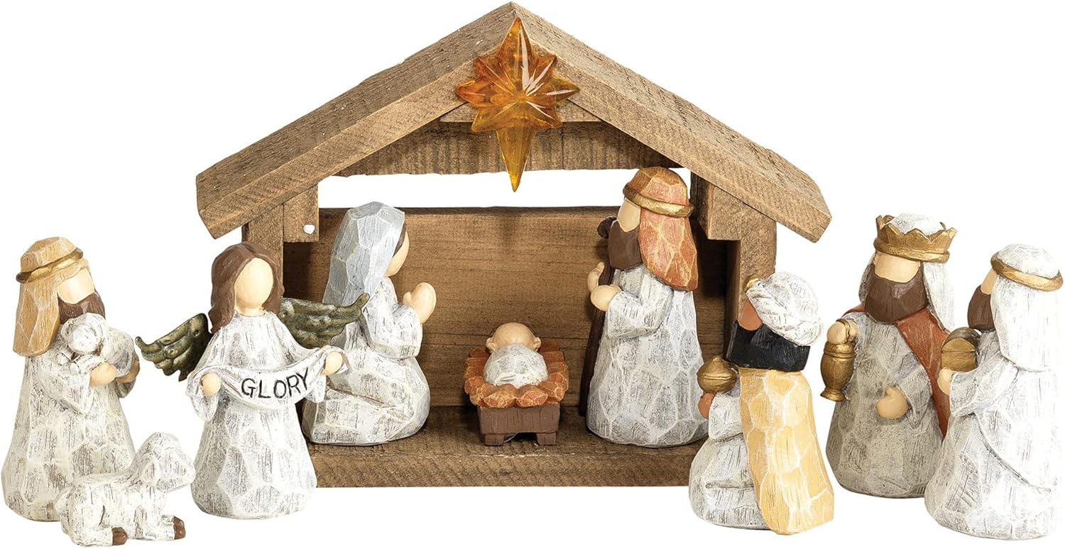 Amazon.com: Distressed Natural Brown Nativity with Creche 3 x 1.75 ...