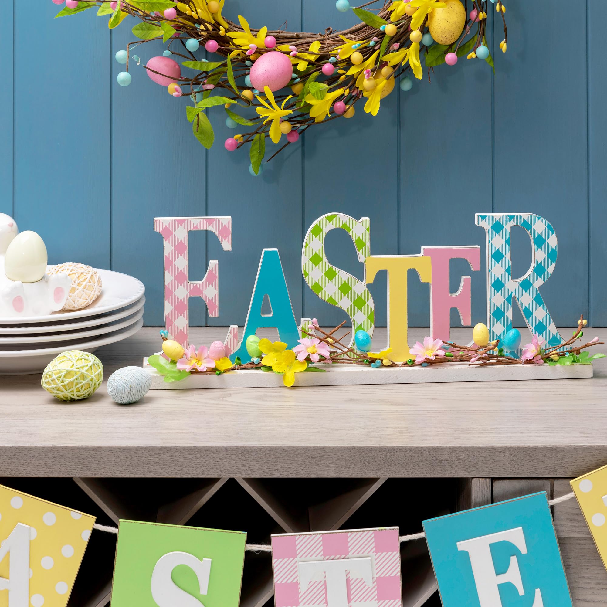 Snapklik.com : Glitzhome Plaid Wooden Easter Table Sign Decor