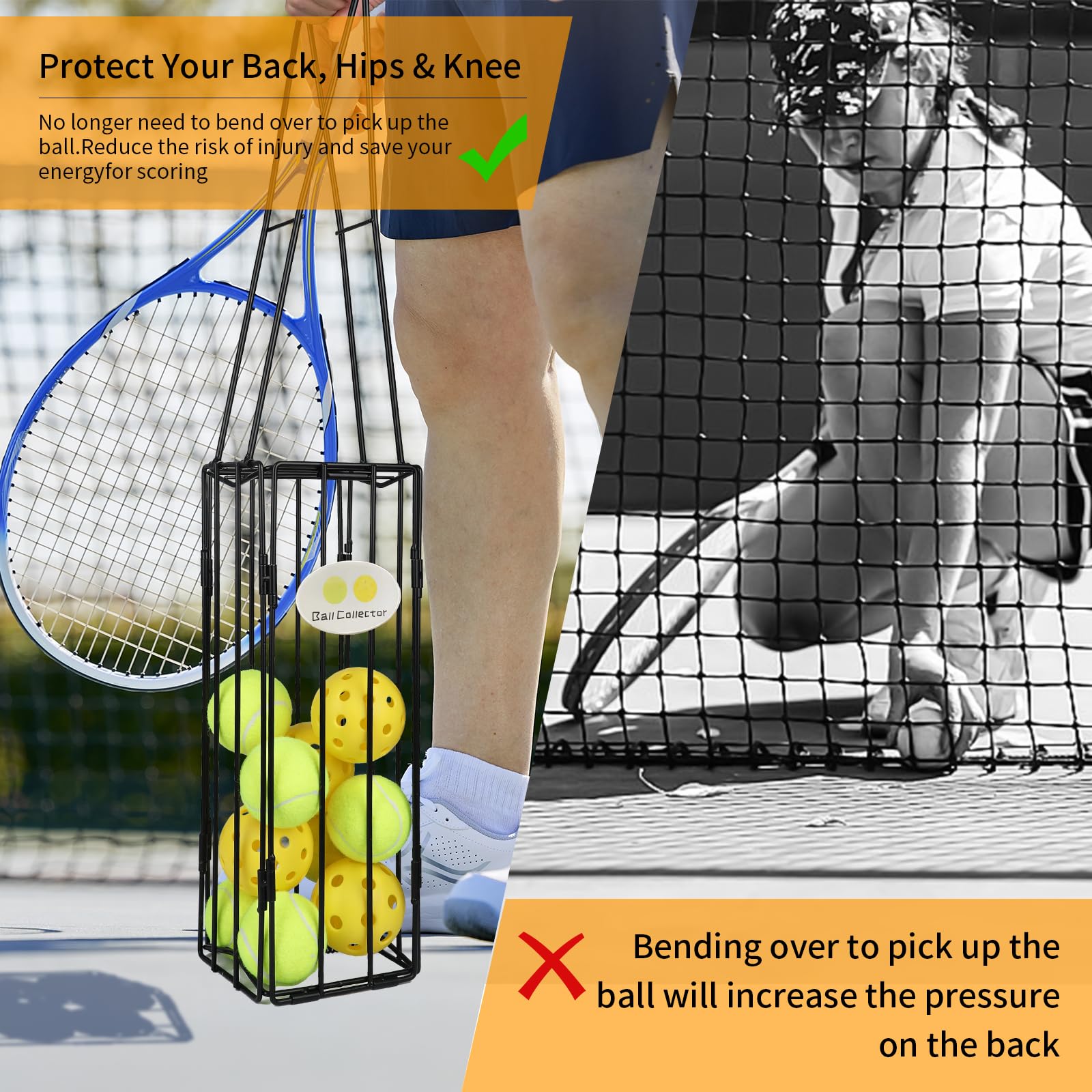 Tennis Ball Collector Collapsible Pickleball & Tennis Ball Retriever ...