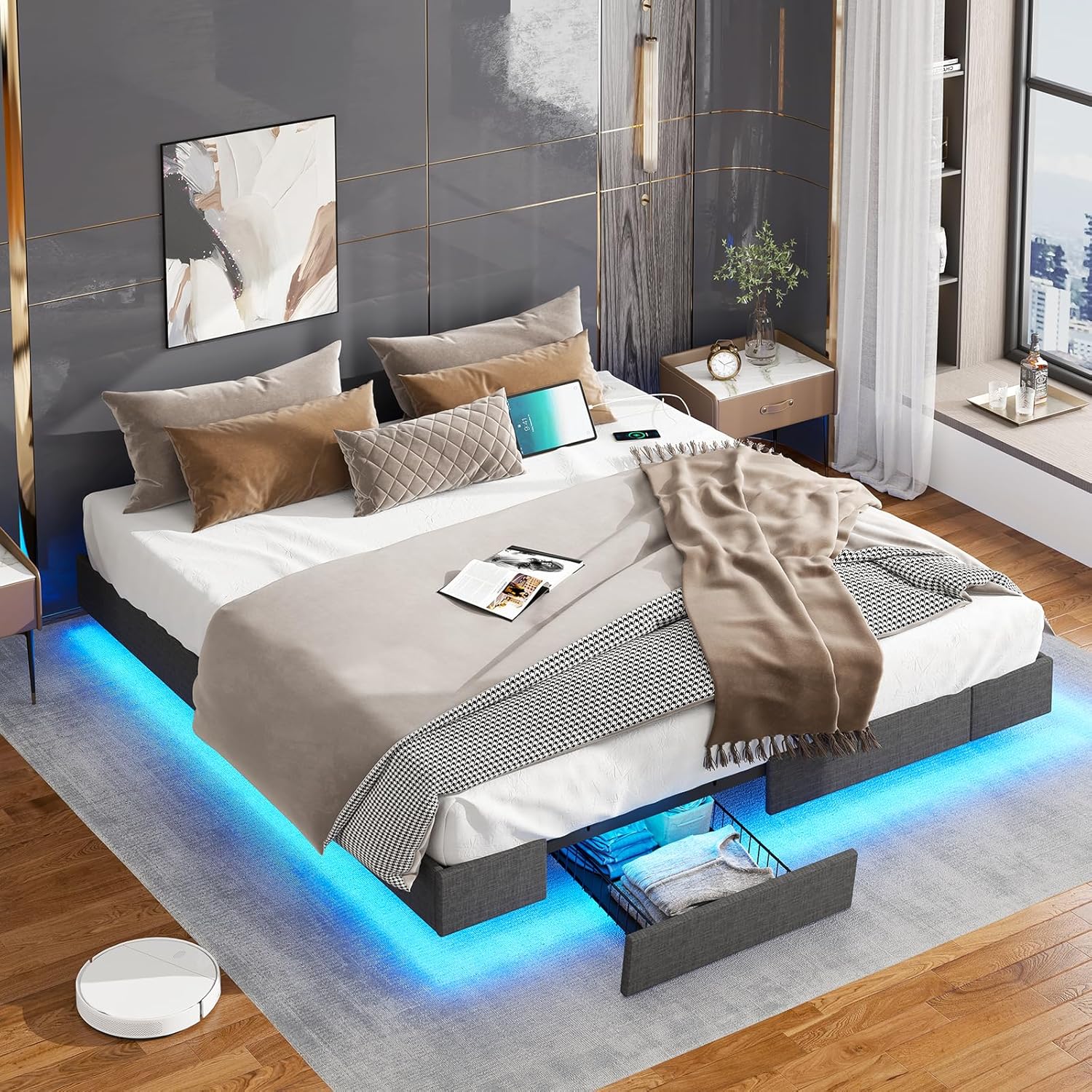 Amazon.com: Aiguazi Floating Bed Frame Queen Size with Storage Drawers ...