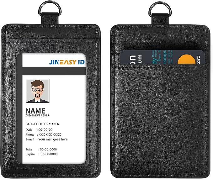 JINEASY ID Leather ID Badge Holder Vertical Lanyard ID Card Holder ...
