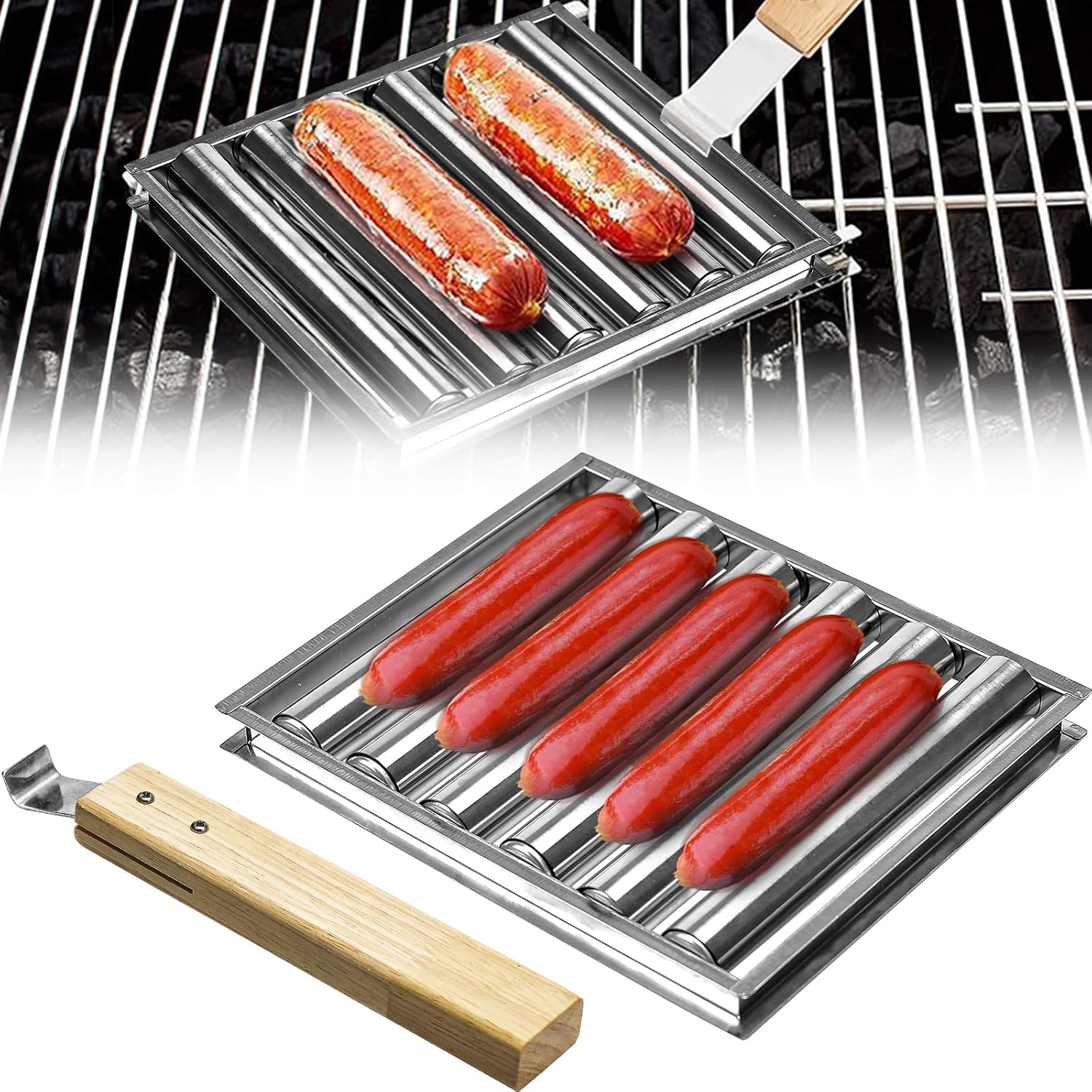 xinrongda Hot Dog Roller BBQ Sausage Roller Grill, Wooden Handle Hot ...