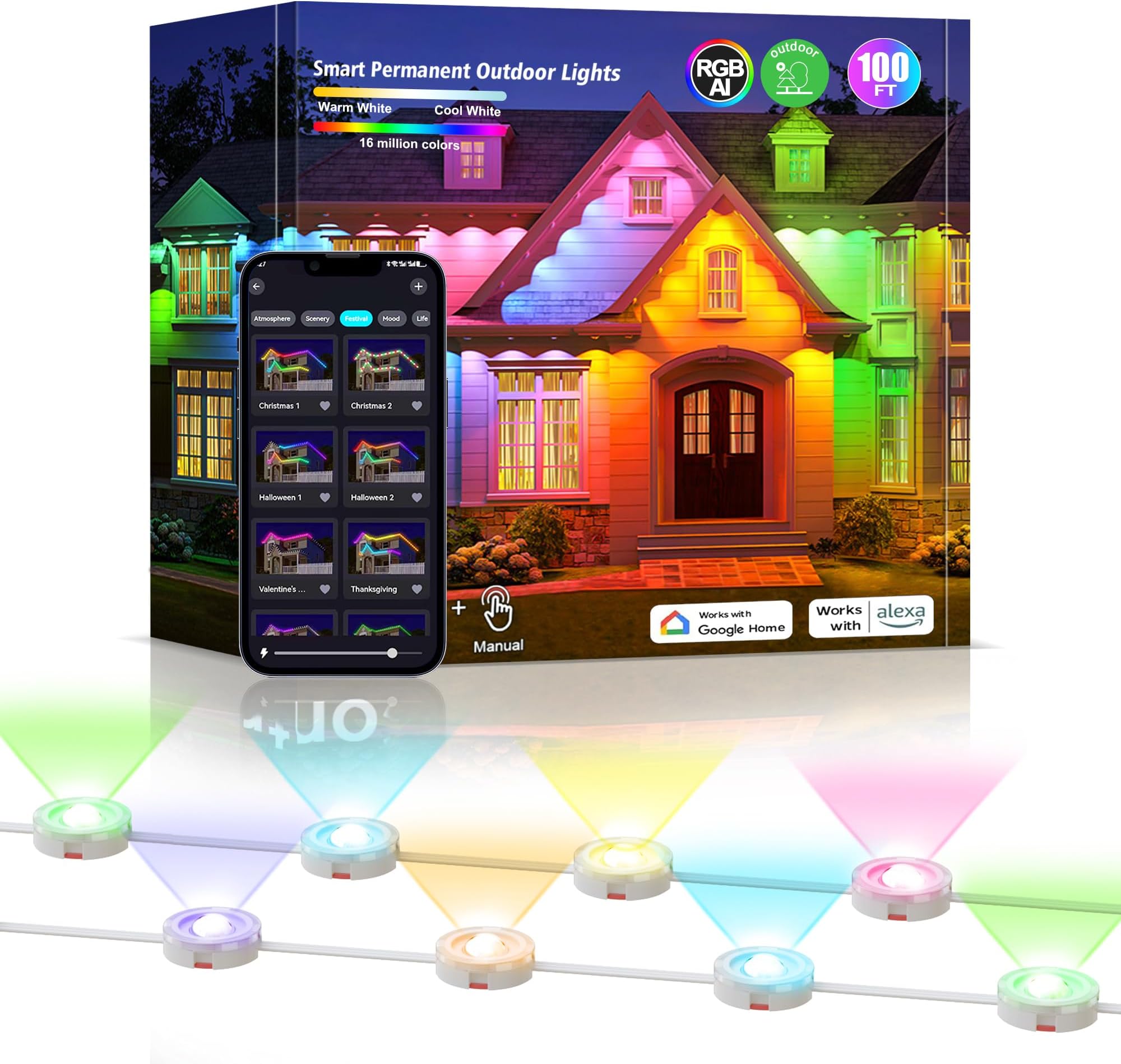 Permanent Outdoor Lights100ft,Smart RGB Outdoor String Lights,with ...