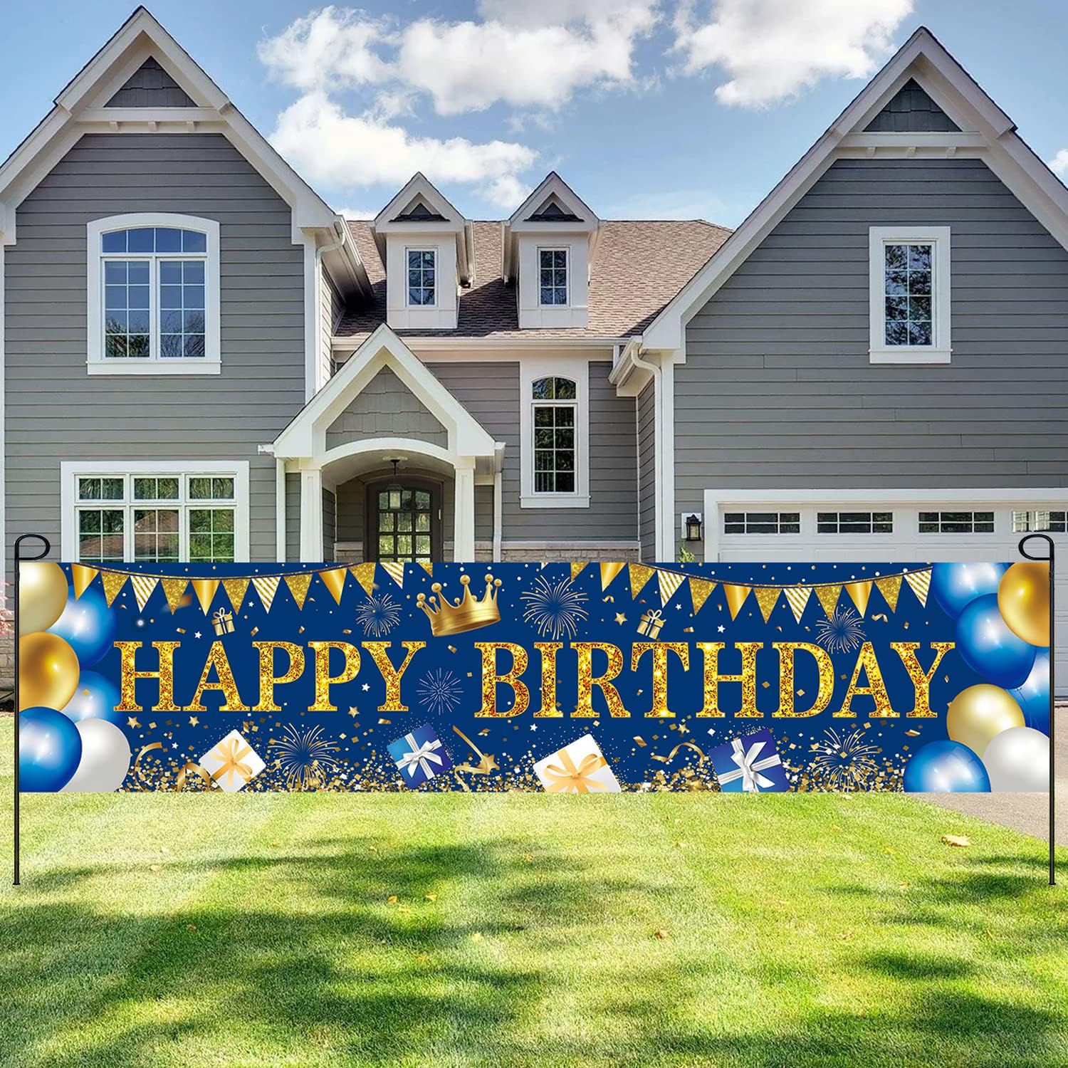 Amazon.com: Happy Birthday Decoration Banner Navy Blue Gold Birthday ...