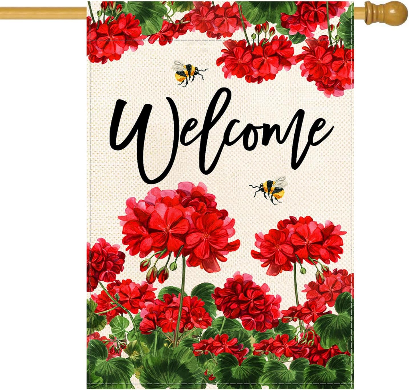 Amazon.com : Welcome Spring Summer Geranium House Flag 28x40 Inch ...