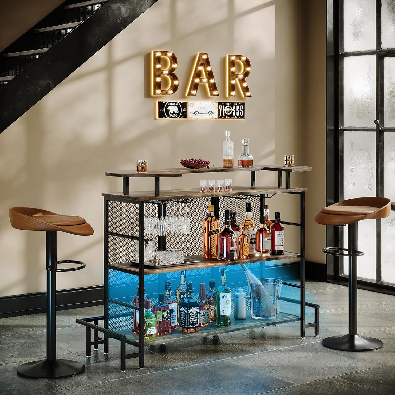 Amazon.com: Furnideco Industrial Home Bar Unit, 3 Tier Liquor Bar Table ...