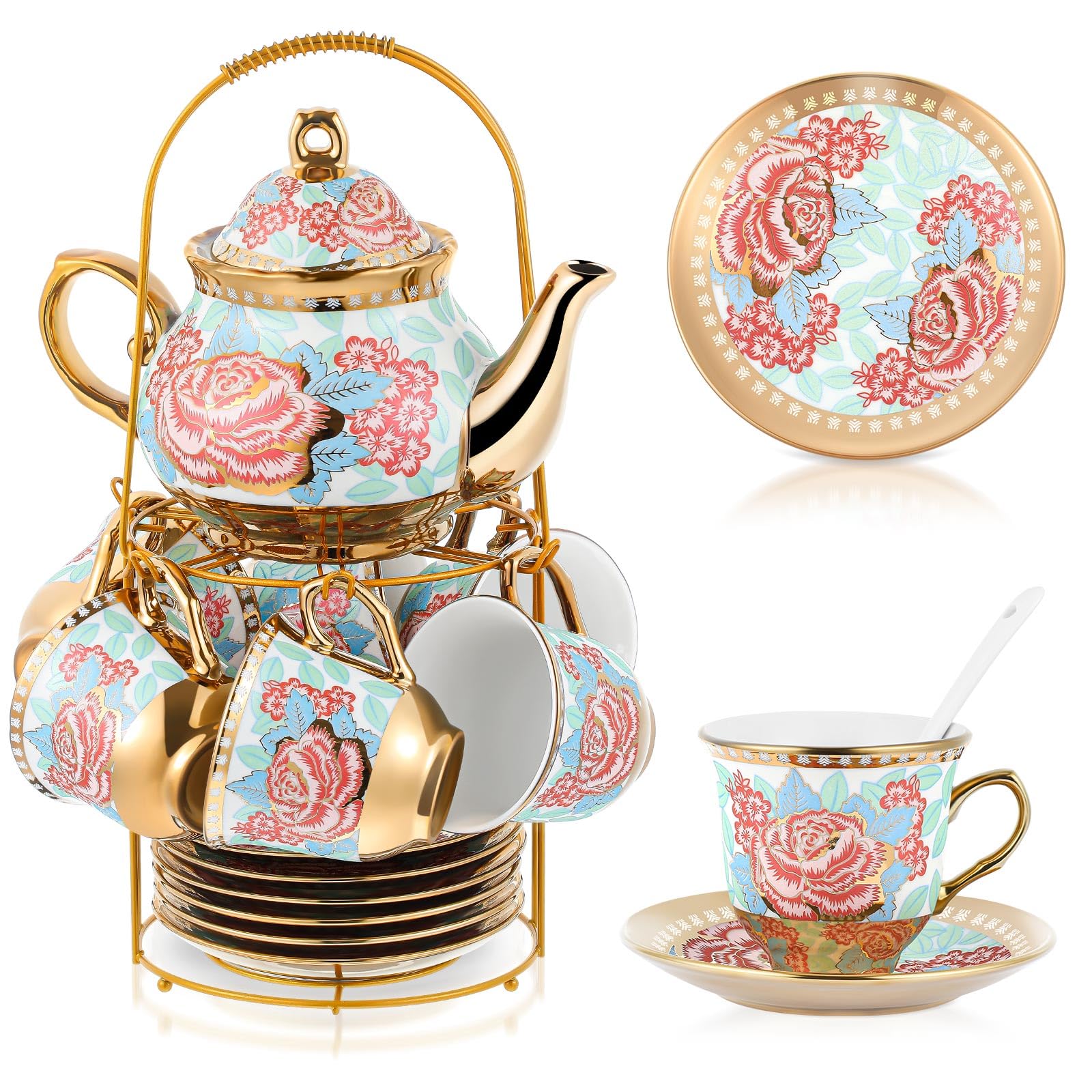 Amazon.com | Zhehao 20 Pcs Porcelain Tea Set with Metal Holder Adult ...