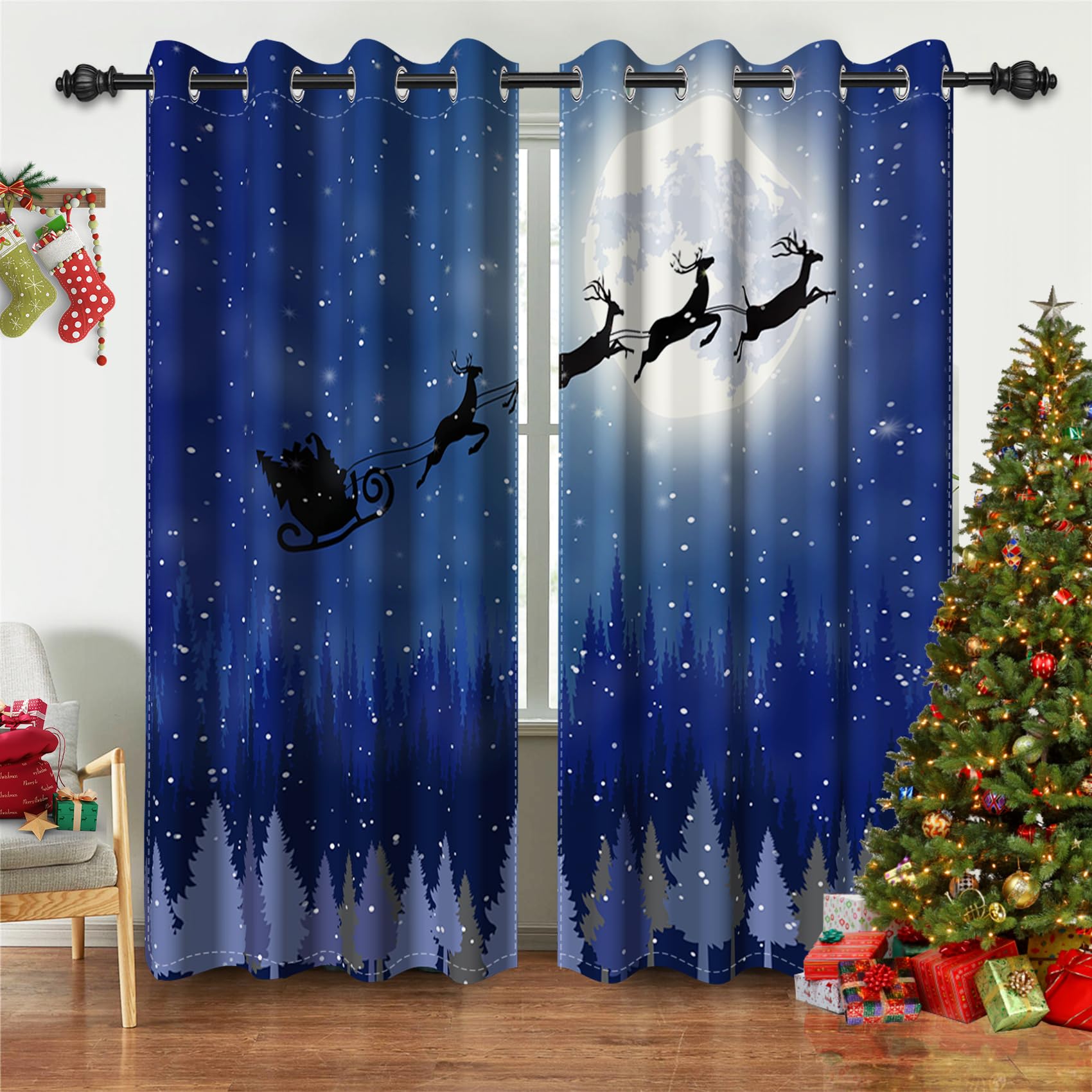 Amazon.com: Renaiss Winter Christmas Blackout Curtains for Bedroom Xmas Deers Night Moon Snow ...