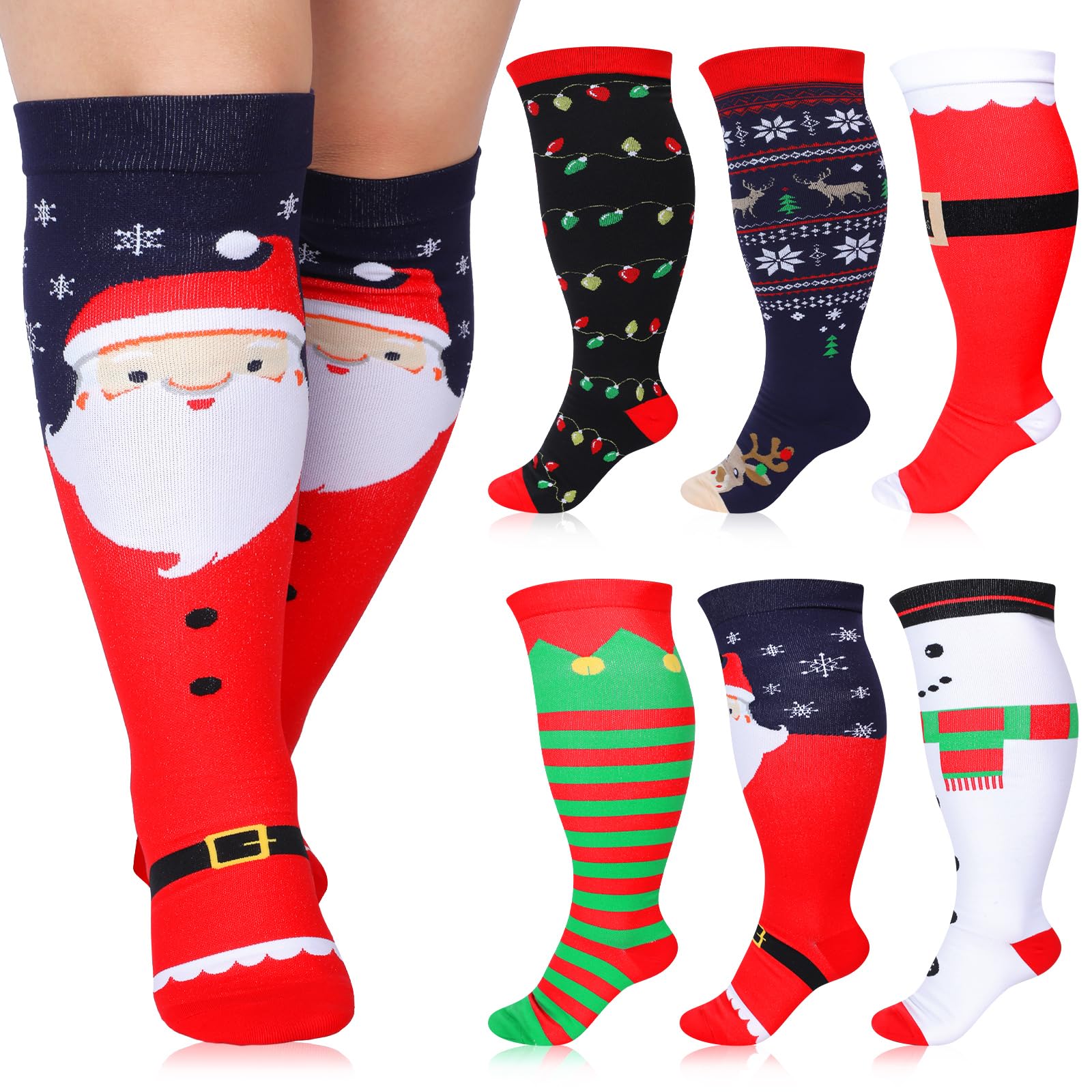 Amazon.com: Cutecrop 6 Pairs Christmas Plus Size Compression Socks Wide ...