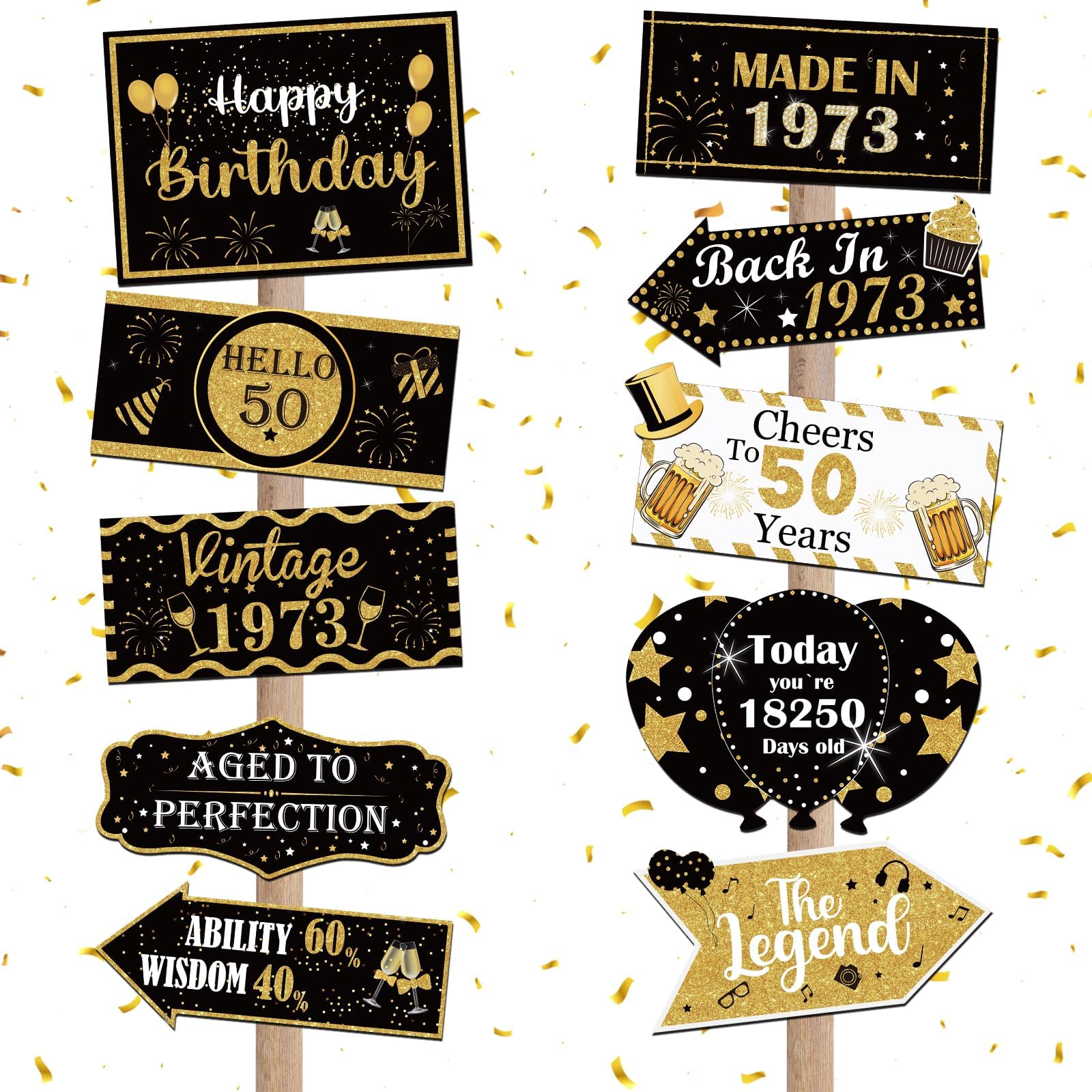 Amazon.com: Black Gold 50th Birthday Signs Decoration For Men, 20pcs ...