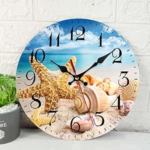 Amazon.com: ArtSocket Starfish Seashells Beach Wooden Wall Clock Silent ...