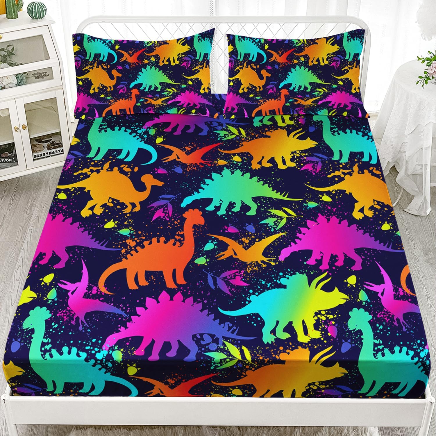 Amazon.com: AILONEN Dinosaur Silhouettes Fitted Sheet Set Twin XL Size ...