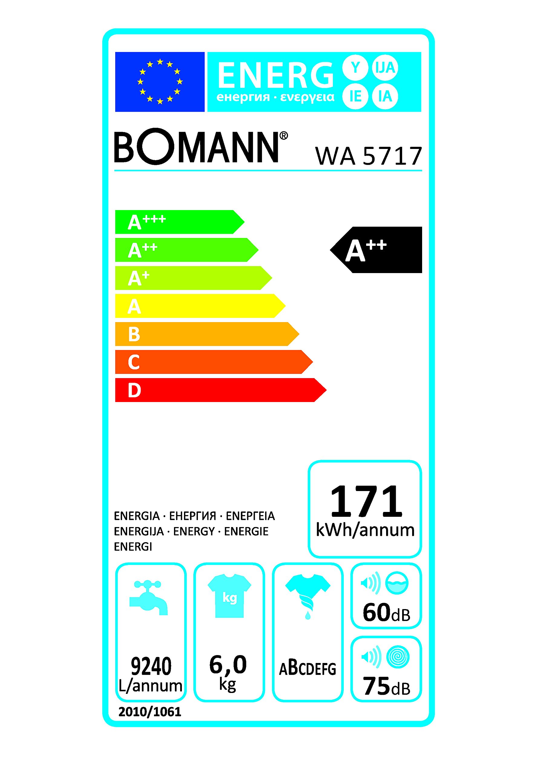 Bomann WA 5717 Washing Machine FL/A++ / 171 kWh per Year / 1200 rpm / 6 ...