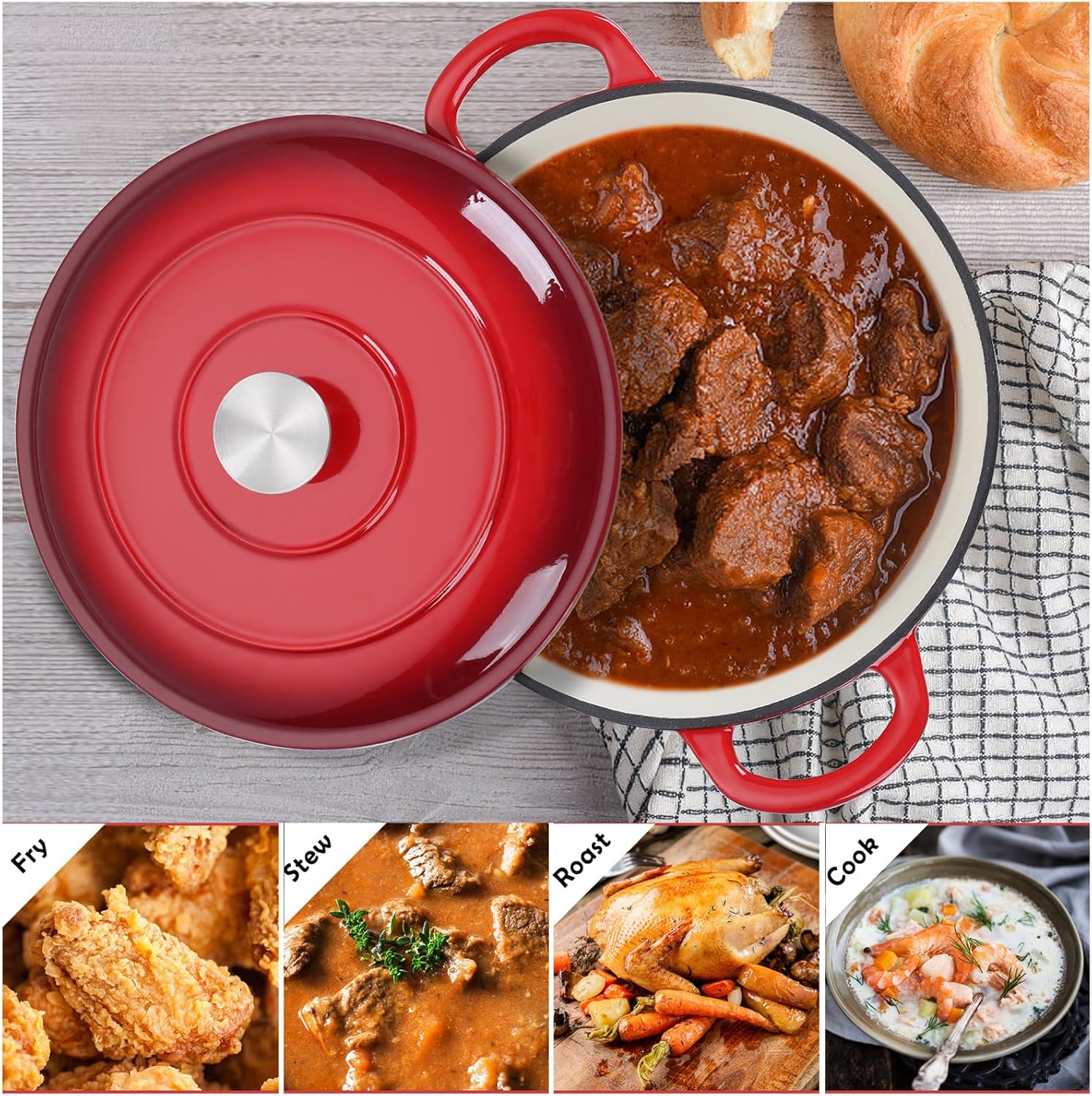 TeamFar Horno holandés de 6 cuartos de galón con tapa, horno holandés ...