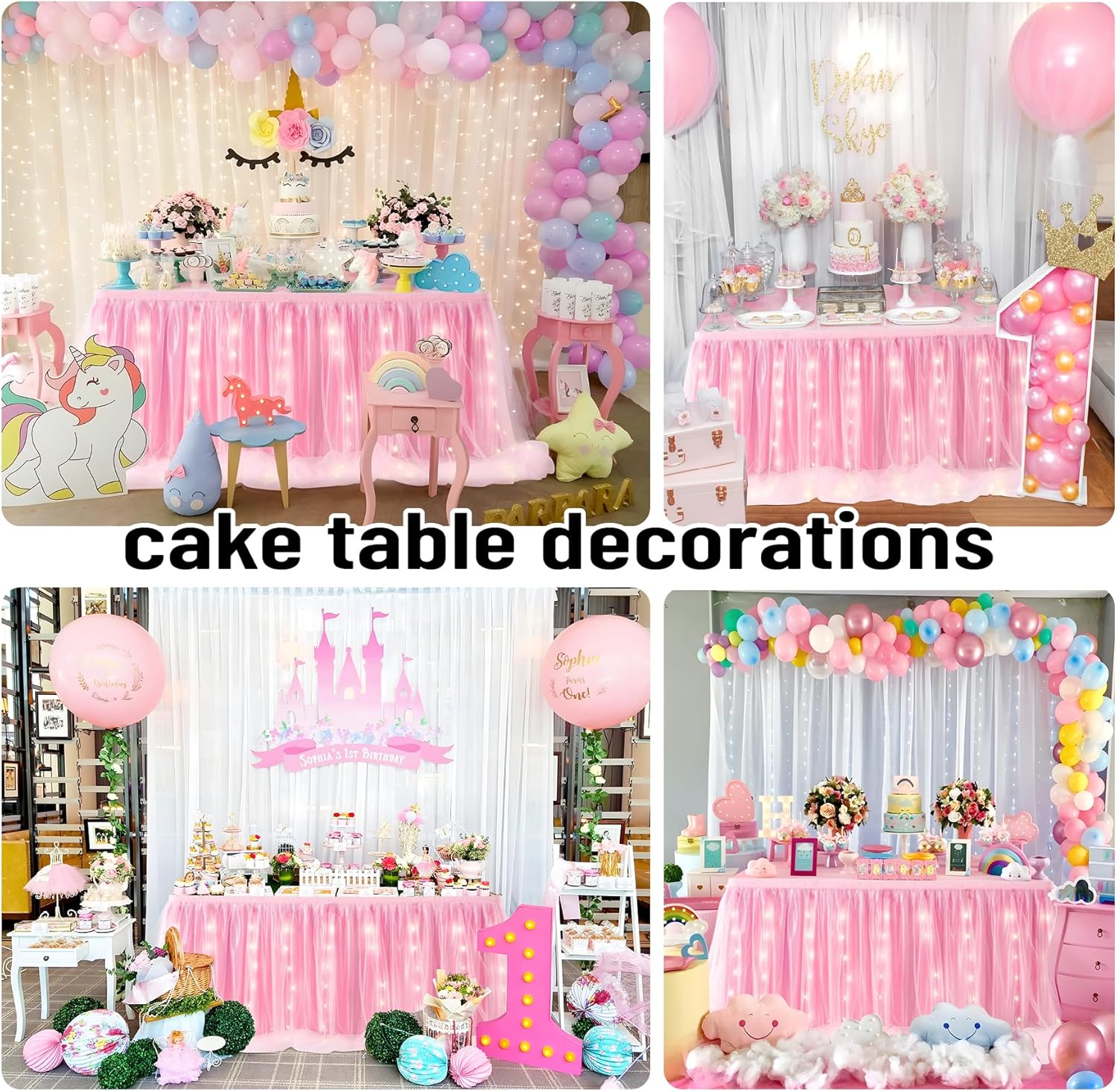 Falda de mesa de tul con volantes,tutú de mesa LED, rosa, blanco, azul ...