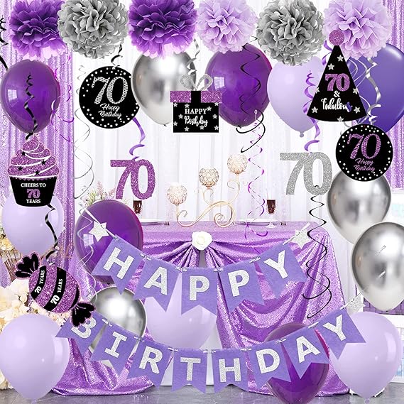 Amazon.com: 70th Birthday Decorations Women Purple Silver/70 Birthday ...
