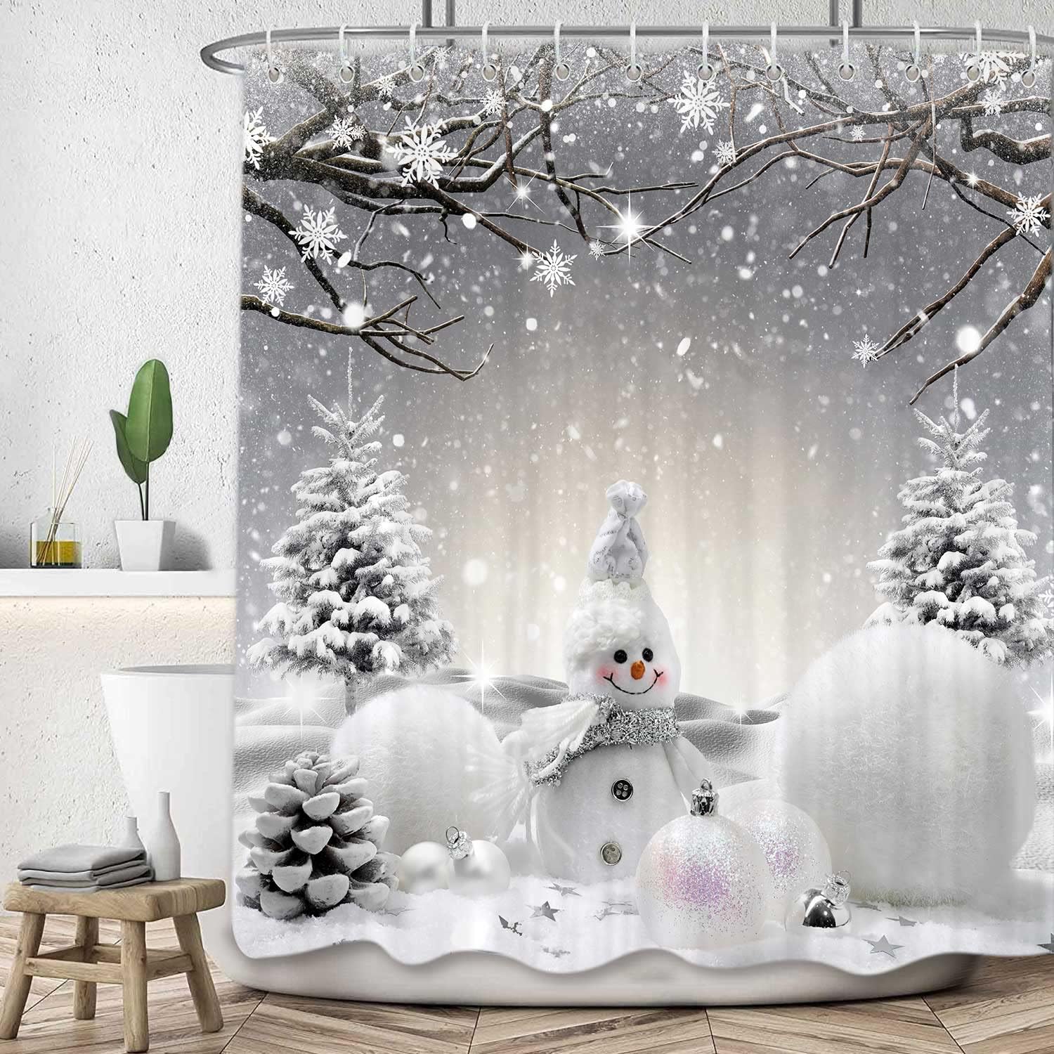 Amazon.com: ABLUEN No Hook Winter Shower Curtain - Snowman Shower ...