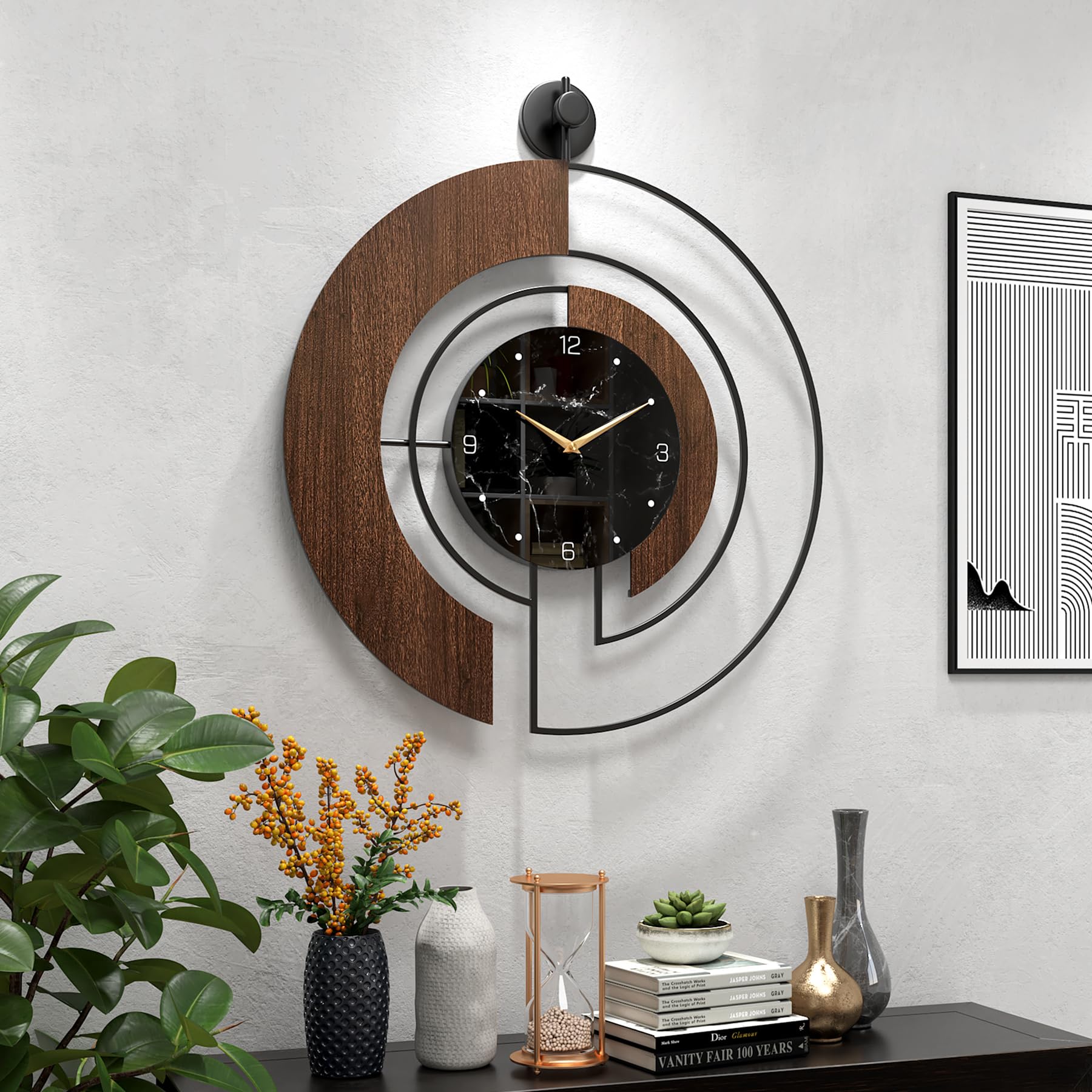 Amazon.com: VIVIFLYSE Modern Walnut Marble Dial Wall Clock, Large Wood ...