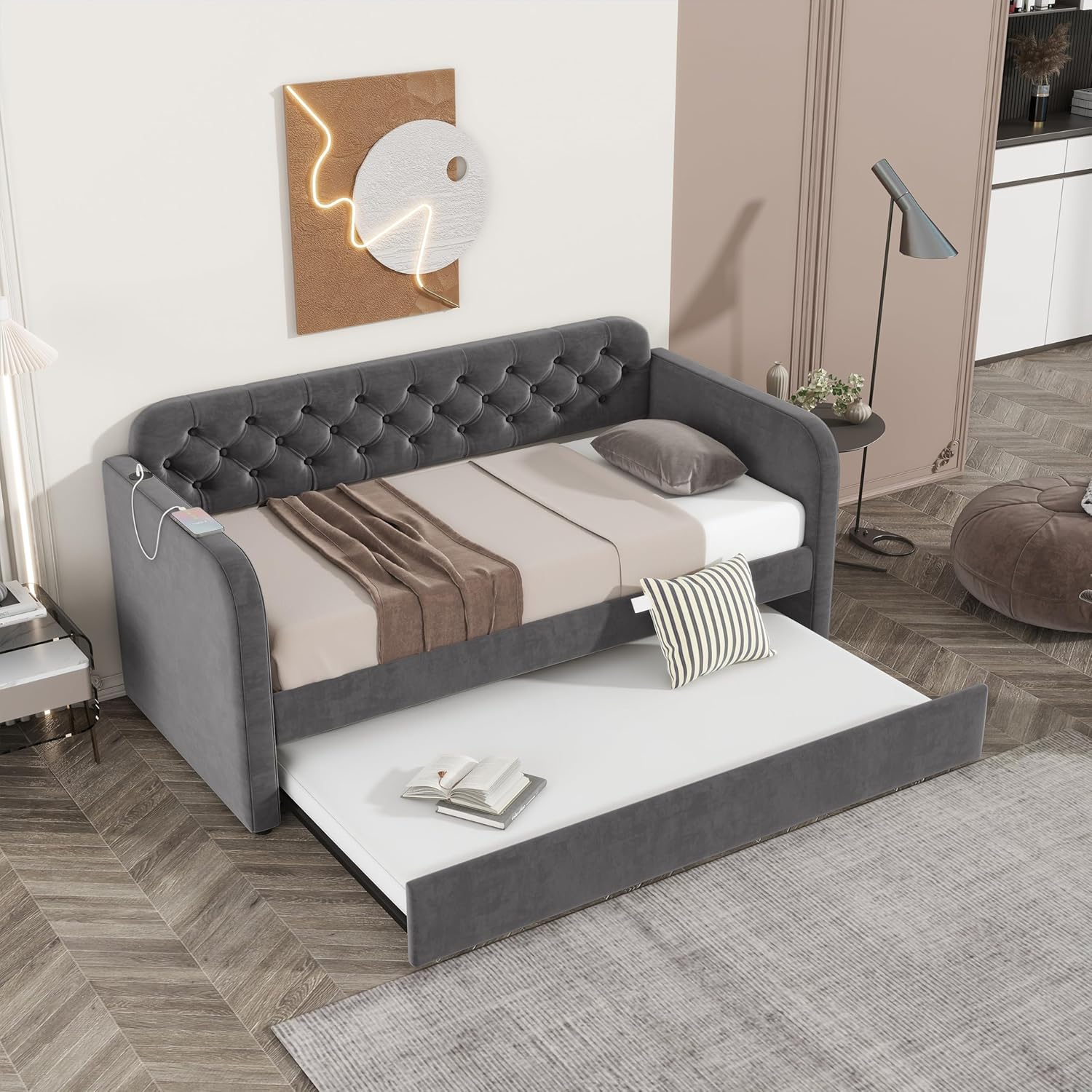 Amazon.com: DHPM Twin Size Upholstered Daybed with Trundle and USB ...