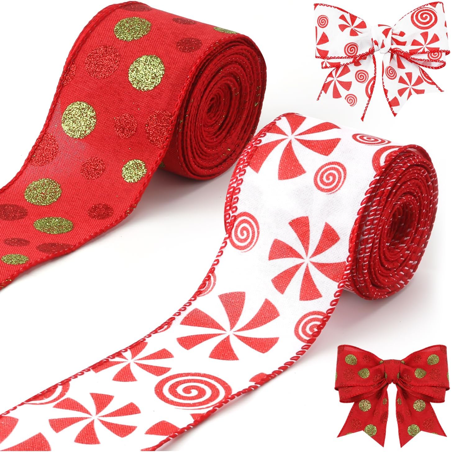 Amazon.com: 2 Rolls 20yd Christmas Wired Edge Ribbons, Glitter Dot ...