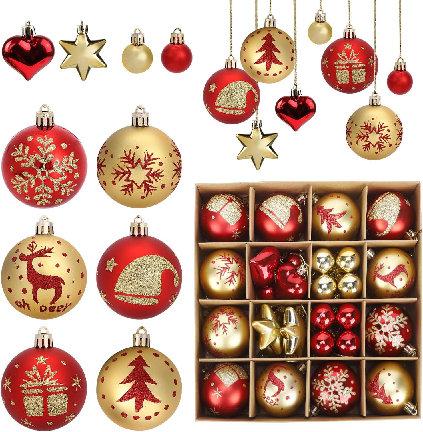 Bowasin Christmas Tree Decorations Set,50 Pcs Red Gold Christmas Tree ...
