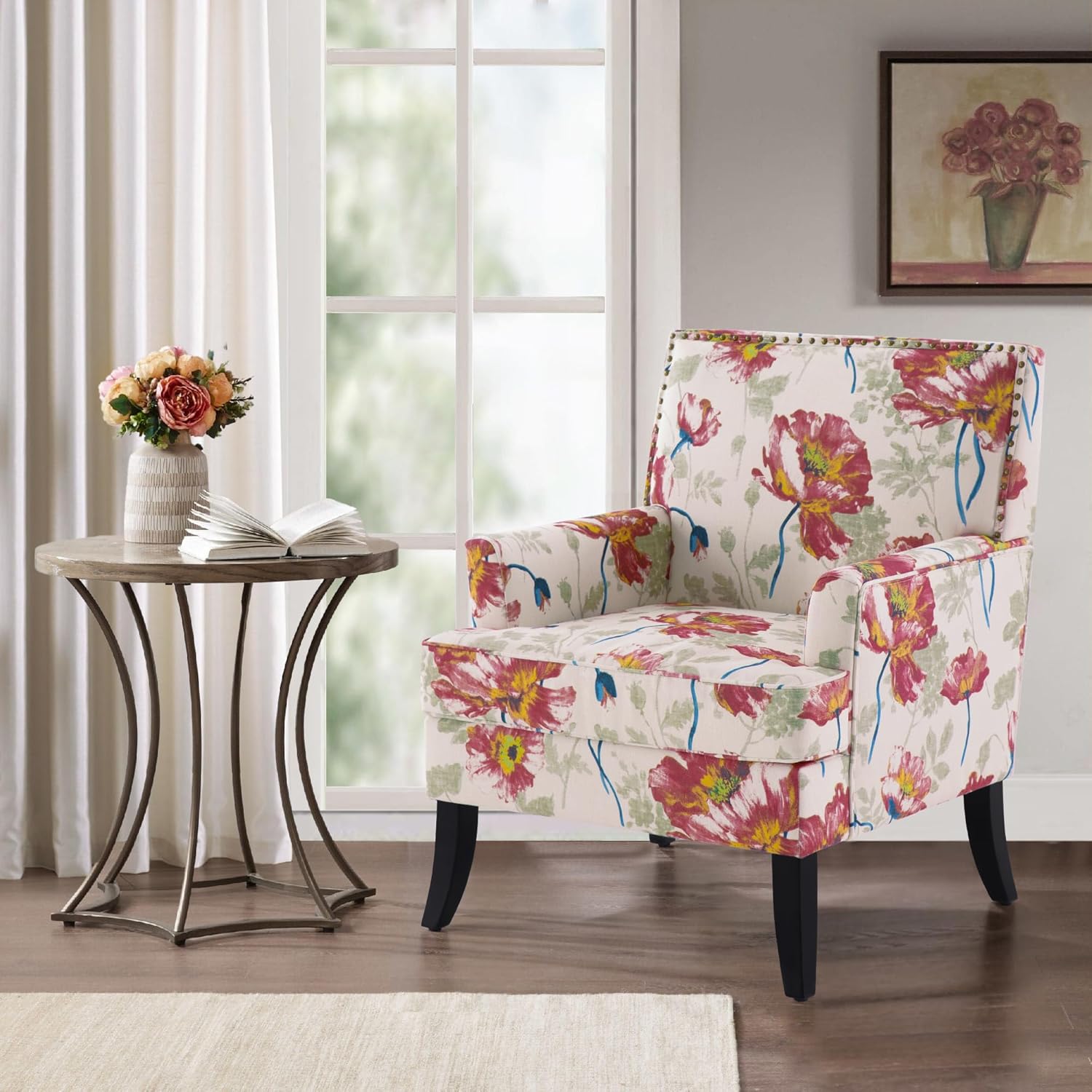 Amazon.com: HUIMO Printed Accent Chair Upholstered Linen Fabric Living Room Chair with Rivet ...