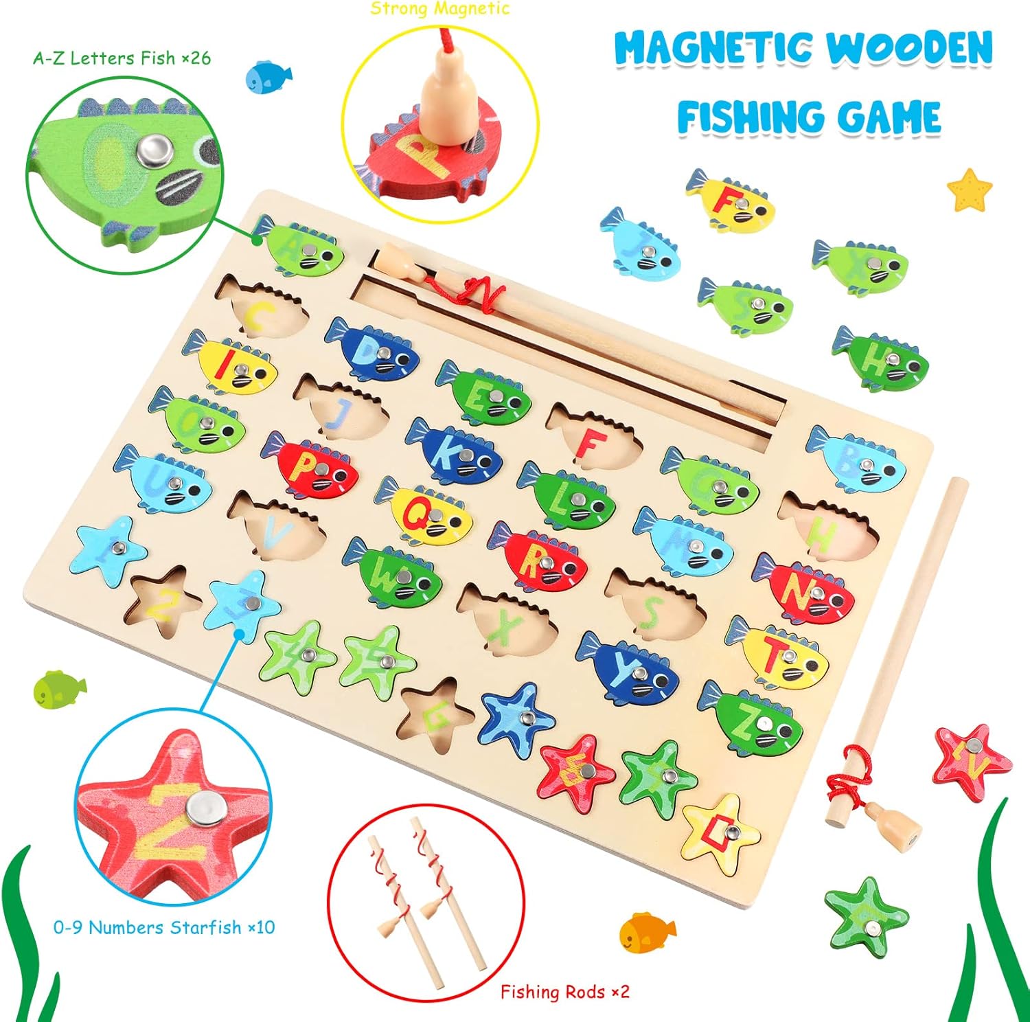 Buy Zomiboo Magnetic Wooden Fishing Game Toy for Toddlers, Alphabet ...