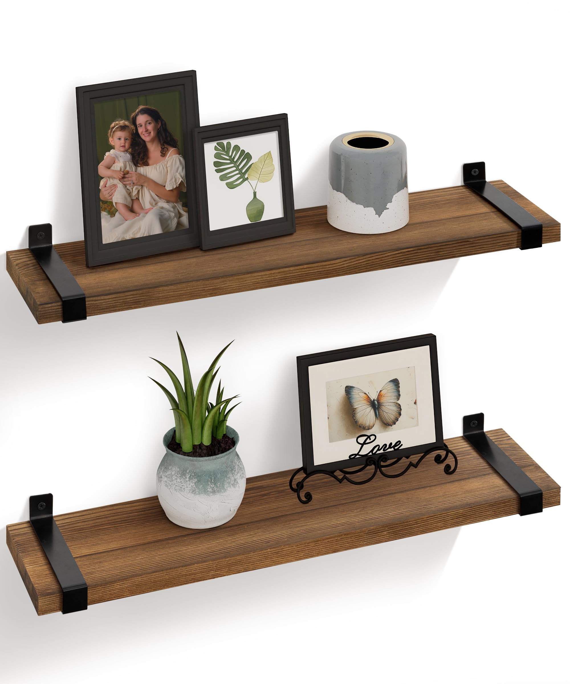 Gronda Rustic Floating Shelves, Dark Wood Wall Mounted Shelf Storage ...