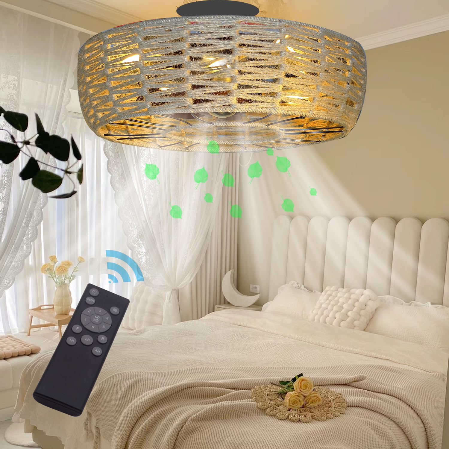 HANNAHONG 20" Rattan Caged leafless Ceiling Fan With Light, Bohe Woven ...