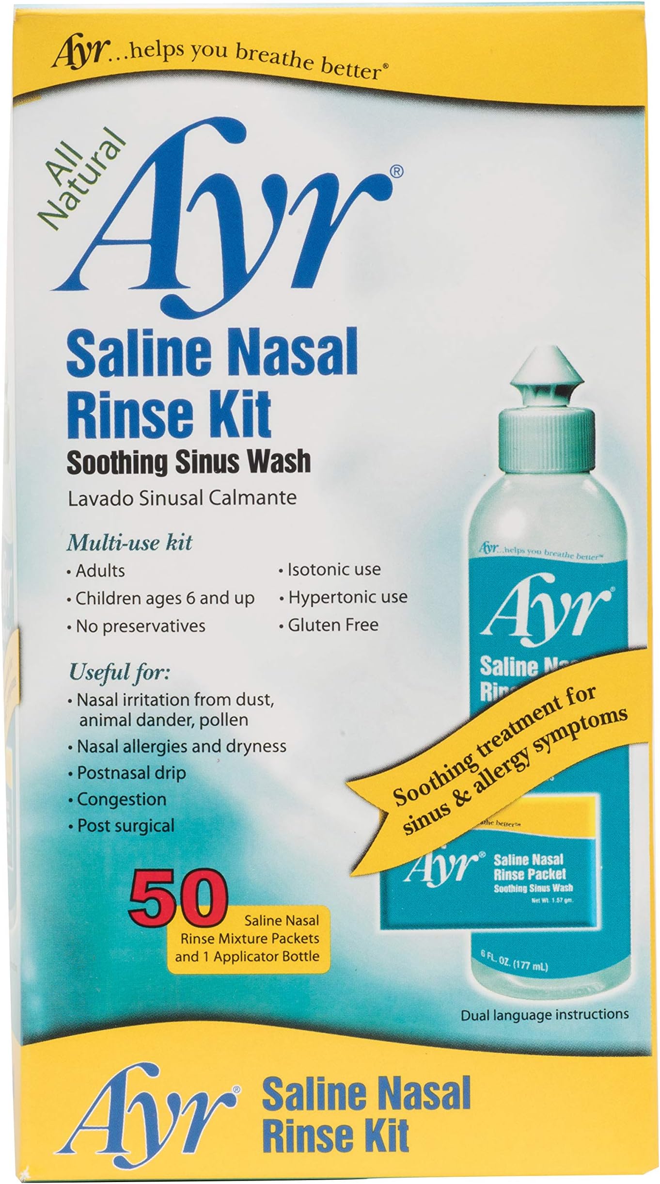 Amazon.com: Ayr Saline Nasal Rinse Kit Soothing Sinus Wash, 50 Count ...