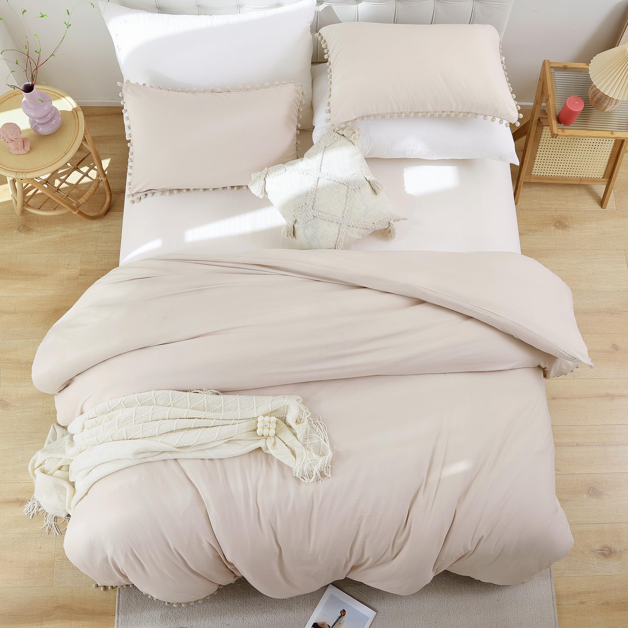 Smoofy Beige Comforter Set Queen Size Pom Fringe Boho Chic Cute Ball ...