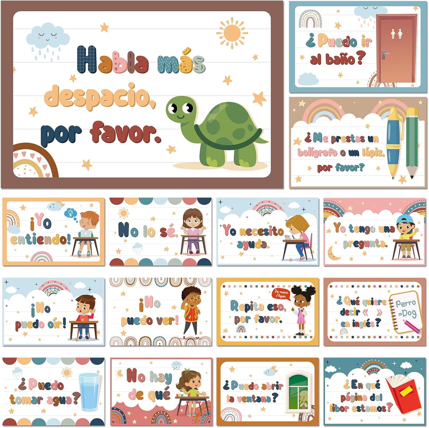 Amazon.com: OBUSATT 15Pcs Spanish Poster Set Boho Spanish Phrases ...