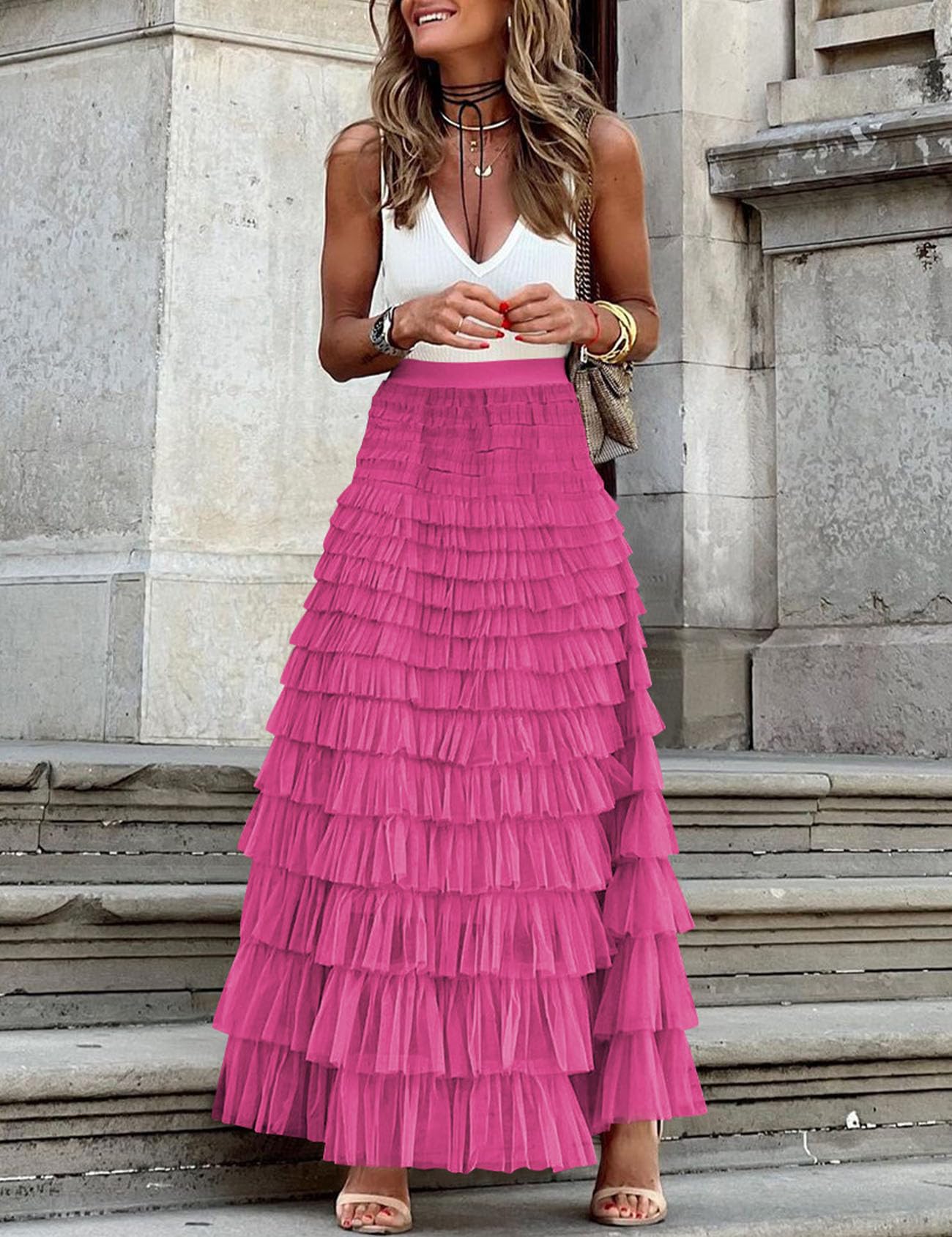 Snapklik.com : Flygo Womens Long Maxi Tulle Skirts A Line Ruffle High Waisted Tiered Layered ...