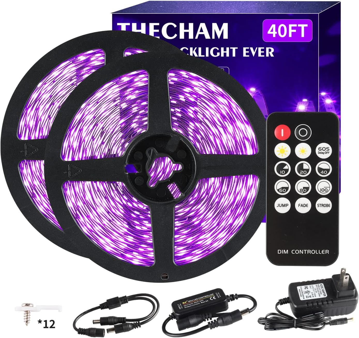 Amazon.com: THECHAM 40FT Black Light Strip with Remote, 720 LED Lamp ...