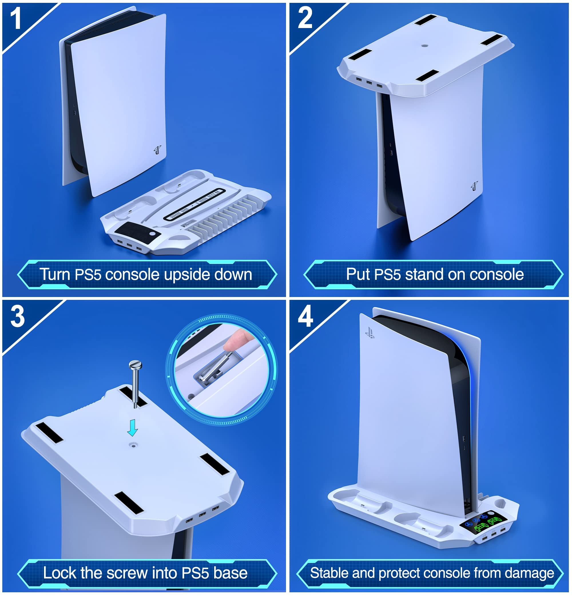 PS5 Stand with 3-Speed Cooling Fan, PS5 Accessories incl. Dual PS5 ...