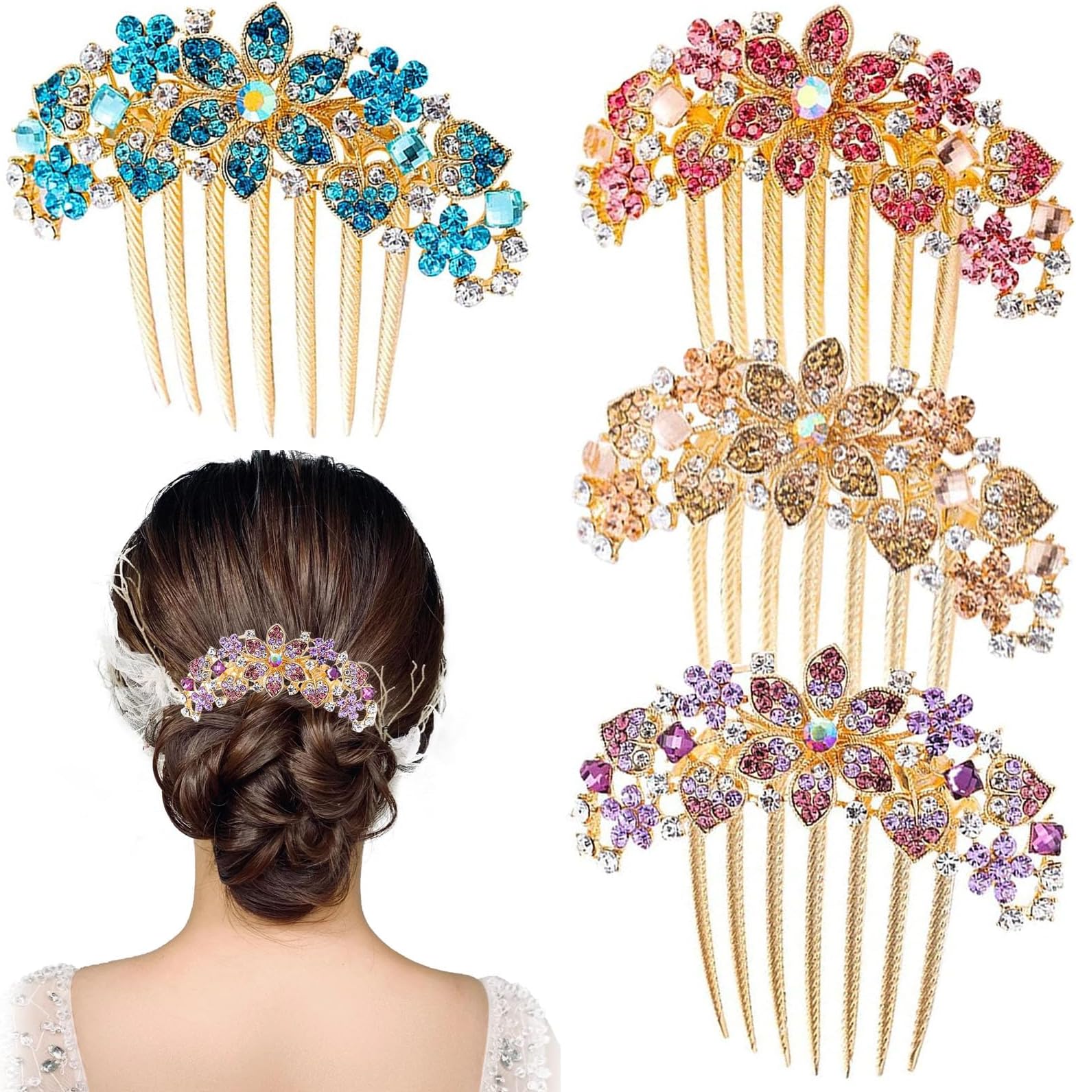 Amazon.com : KuuGuu 4 PCS Rhinestone Inlaid Flower Hair Comb for Women ...