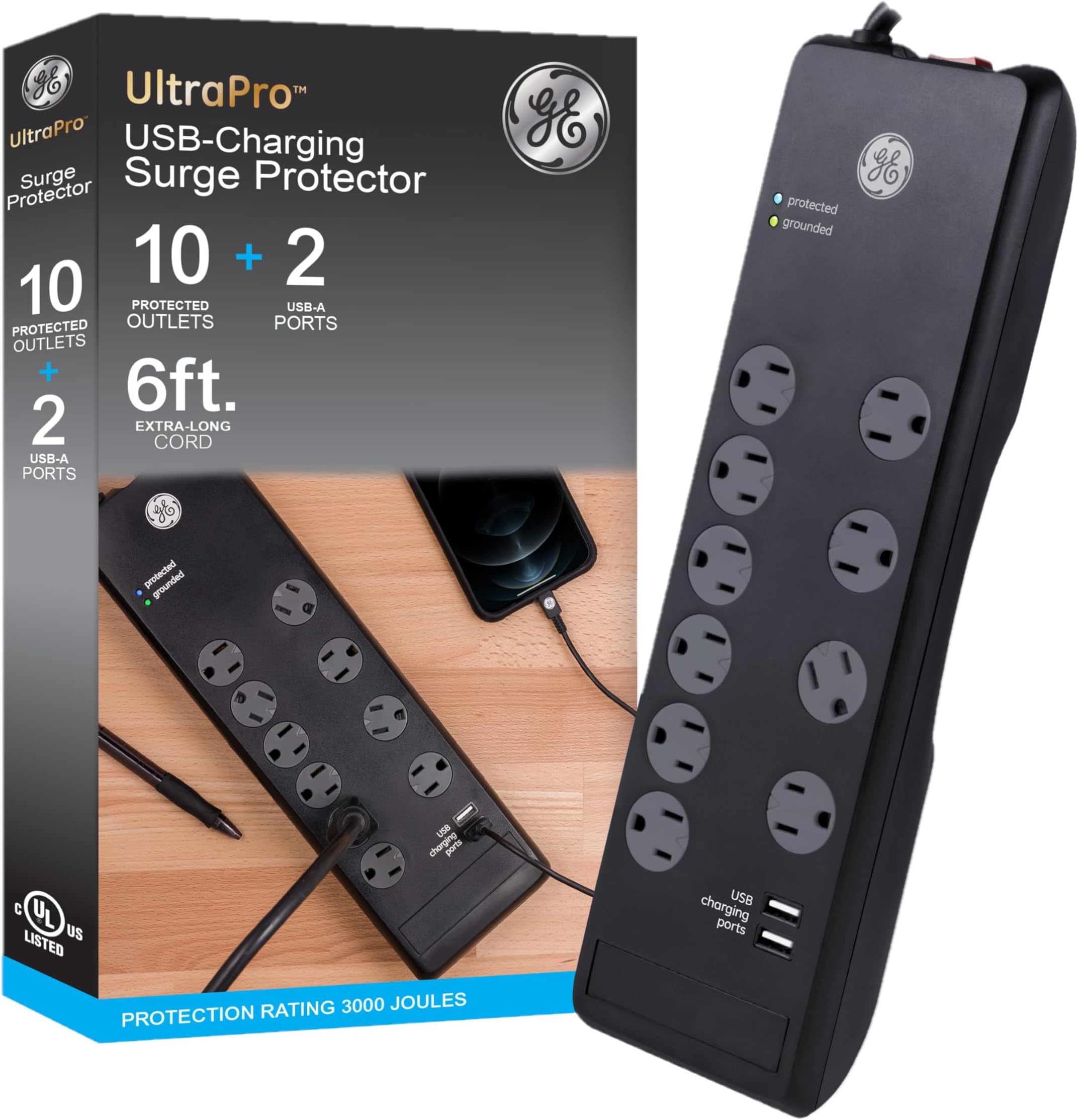 Amazon.com: GE UltraPro 10-Outlet Surge Protector, 2 USB Ports, 6 Ft ...