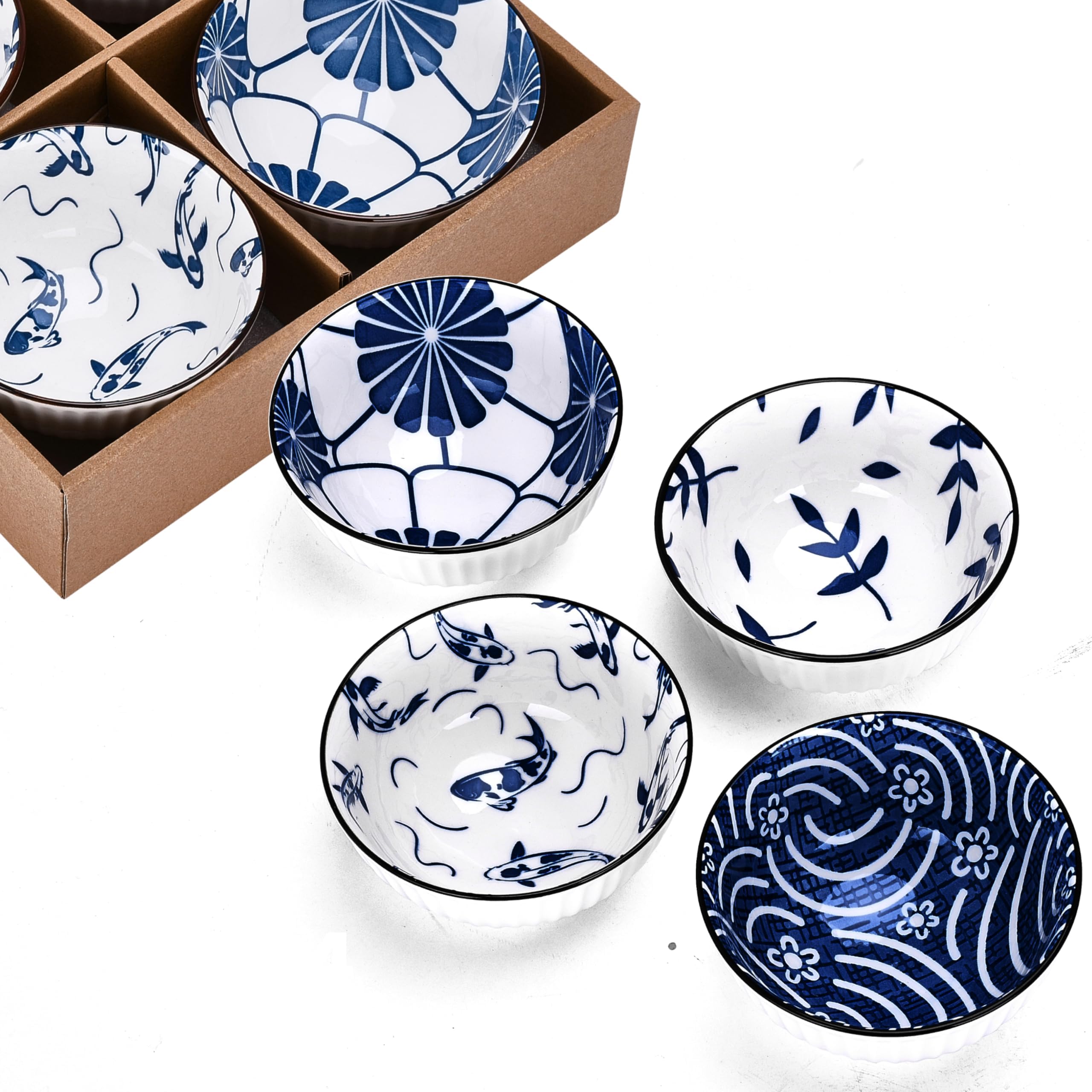 Amazon.com: Kirosaku Japanese Rice Bowls, Set of 4 - Blue Ceramic ...