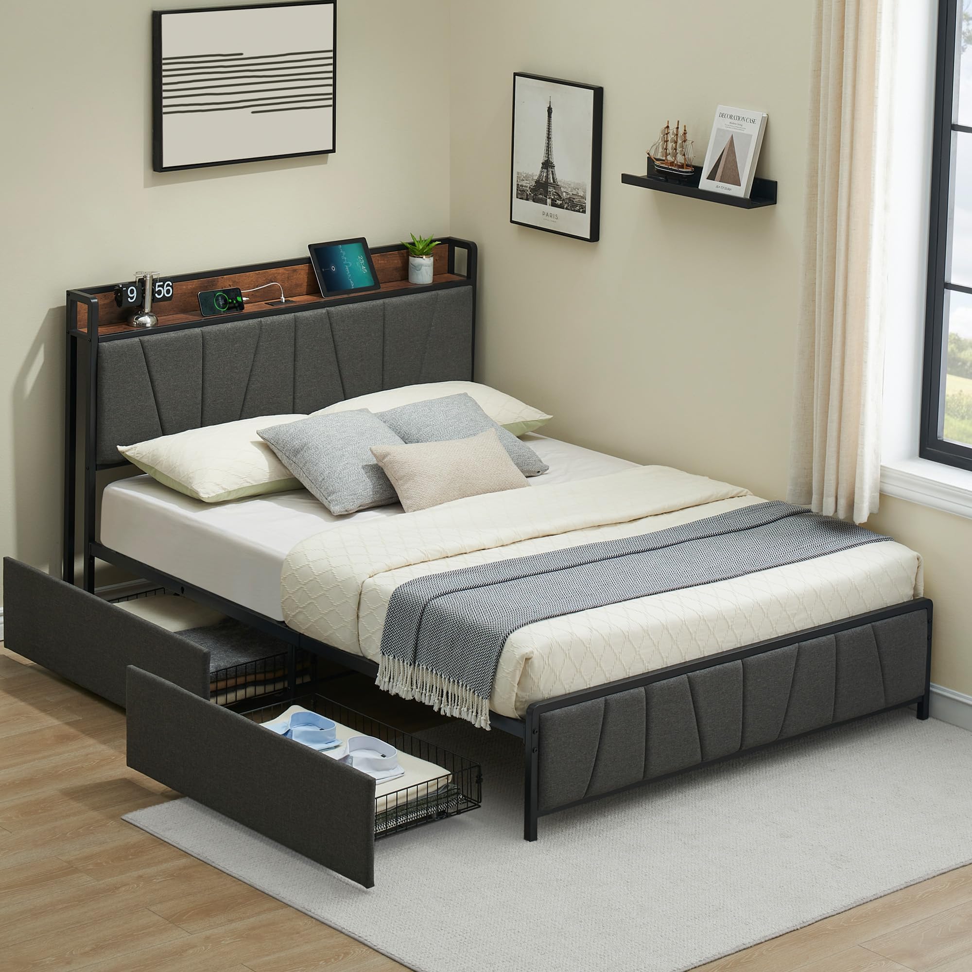 Amazon.com: GAOMON Full Size Bed Frame with Storage Headboard and 2 ...