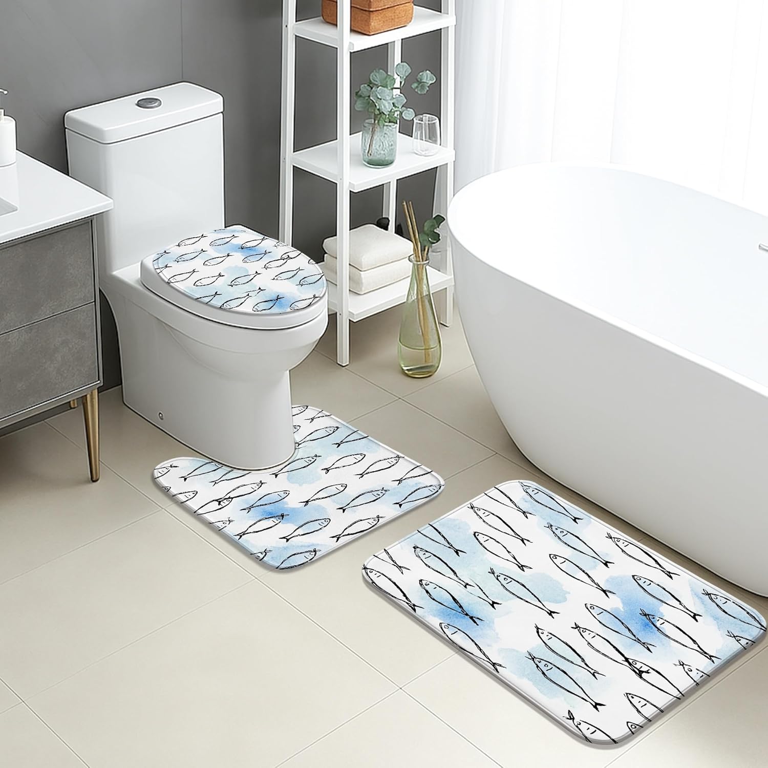 Amazon.com: Fish Bathroom Mat Sets 3 Piece, Watercolor Blue Fish ...