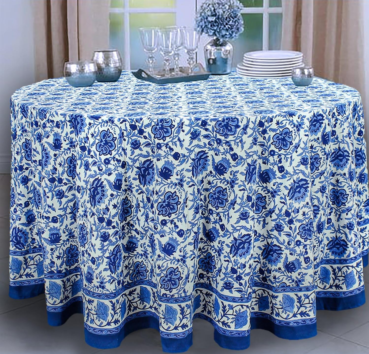 Amazon.com: 90 Inches Round Hand Block Printed Cotton Tablecloth, Blue ...