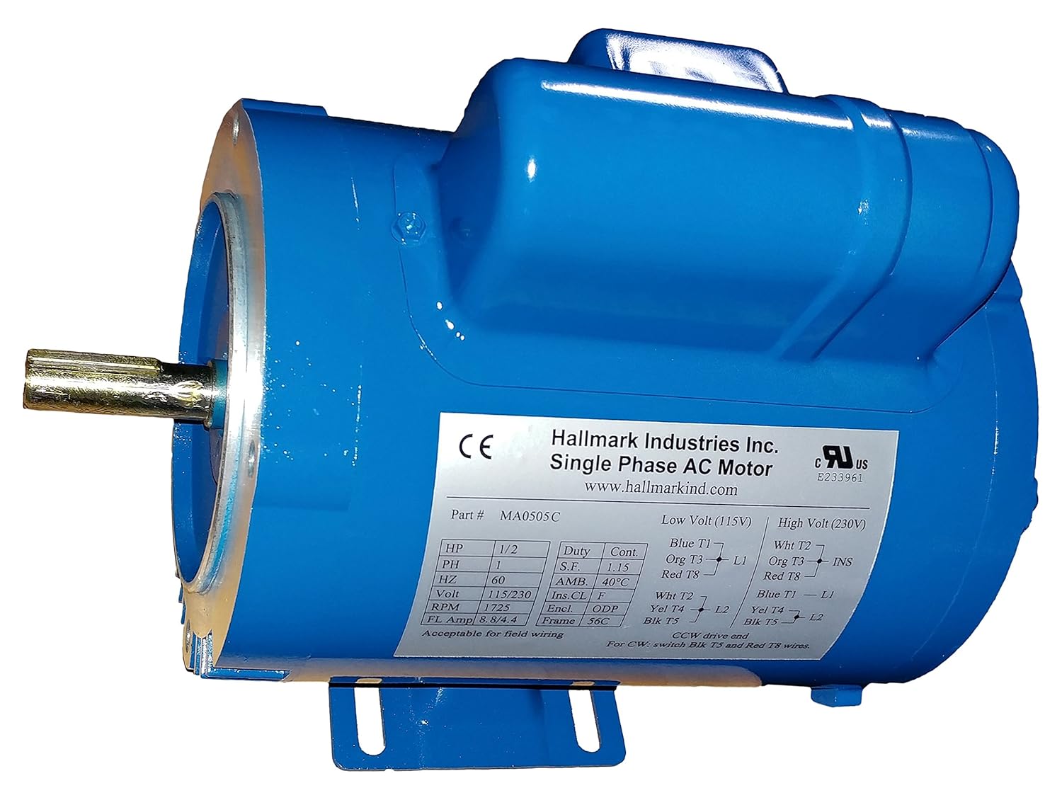 AC Motor, 1/2HP, 1725RPM, 1PH/60HZ, 115/208-230VAC, 56C/ODP, Cap Start ...