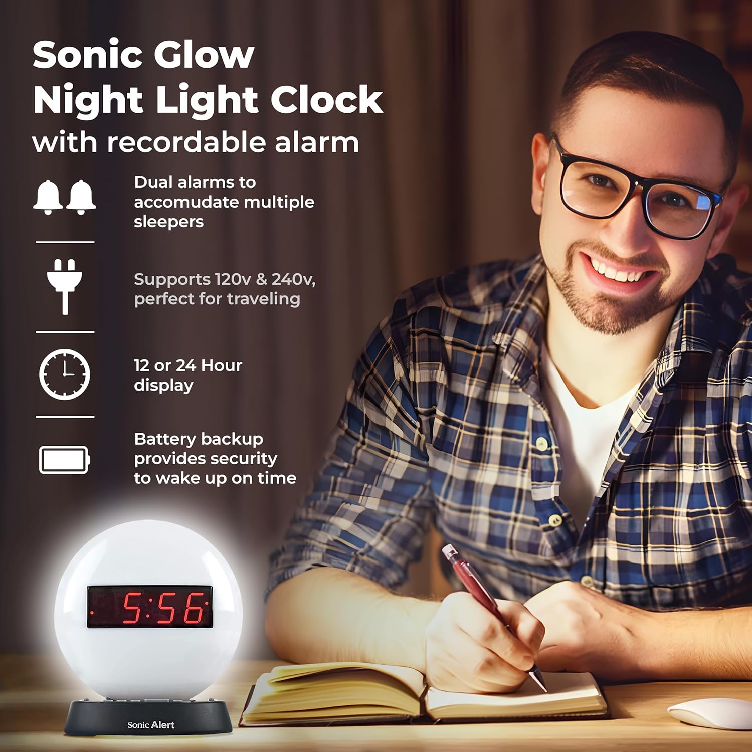 Sonic Alert Glow Soft White Night Light Alarm Clock – Loud & Compact ...