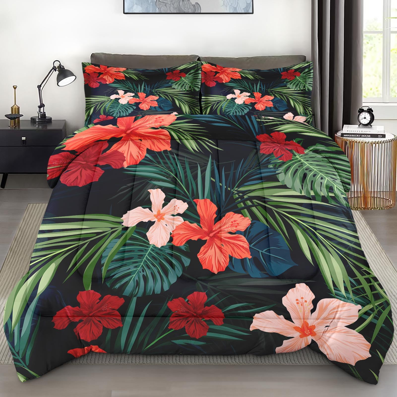 Amazon.com: Pamnest Comforter Set King Size, Tropical Plants Hibiscus ...