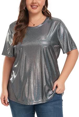 ForHailey Women's Plus Size Shiny Metallic Shirt Sparkly Tops ...